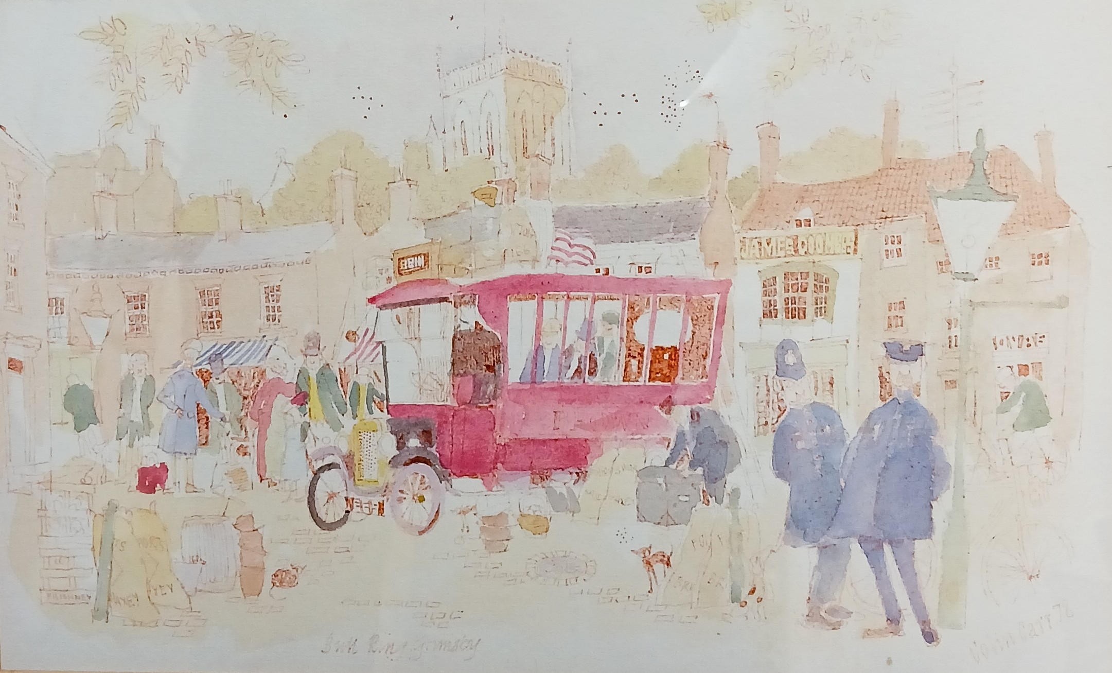 Framed watercolour / ink "The Bull Ring, Grimsby" by Colin Carr, dated ...