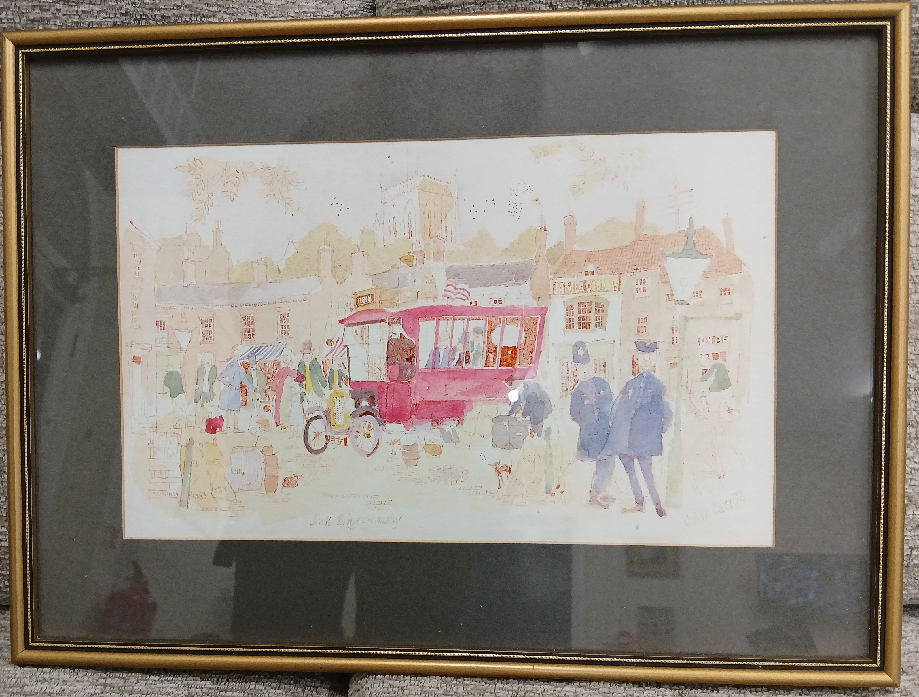 Framed watercolour / ink "The Bull Ring, Grimsby" by Colin Carr, dated ...
