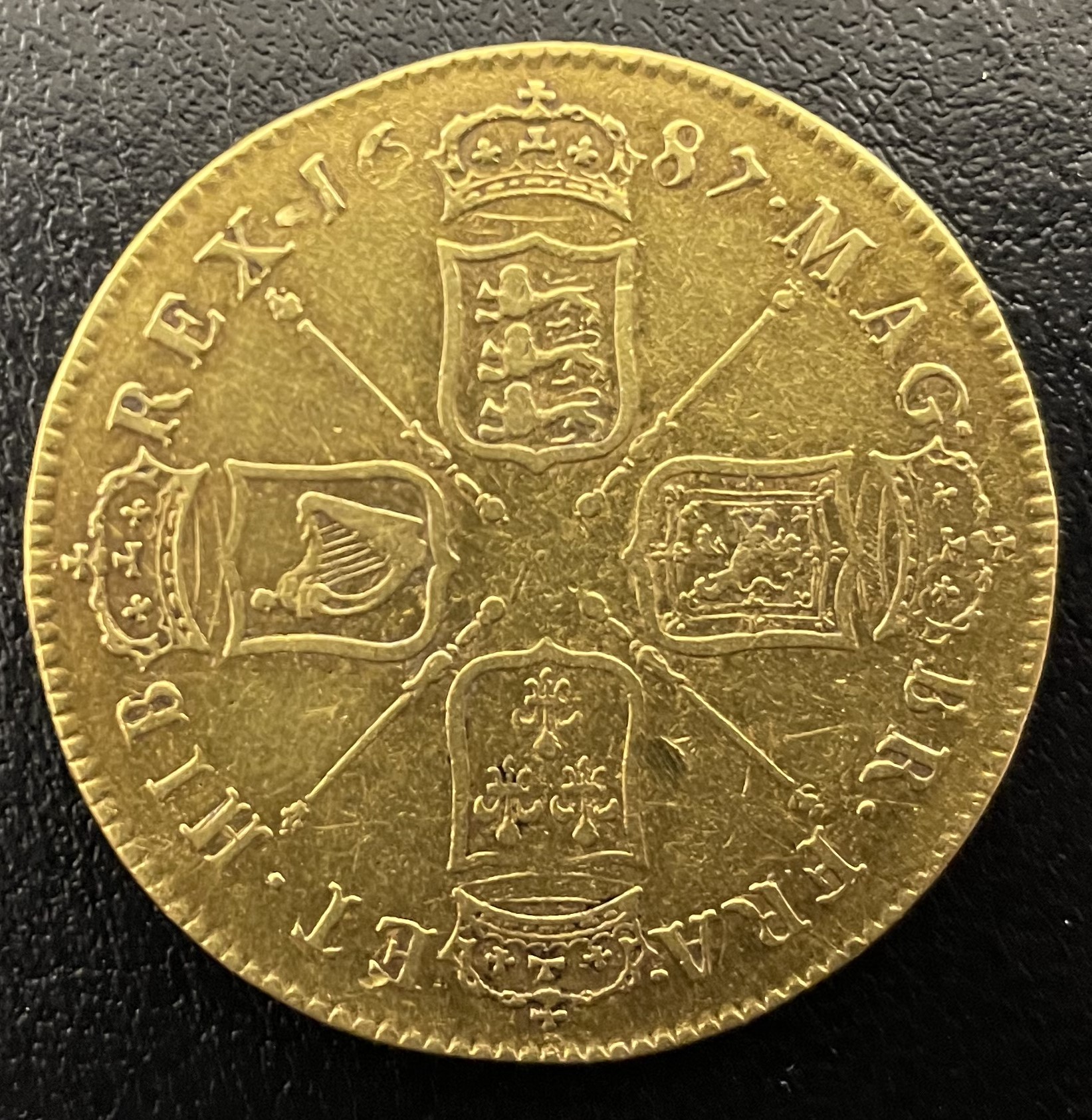 James II 1687 gold five guinea coin