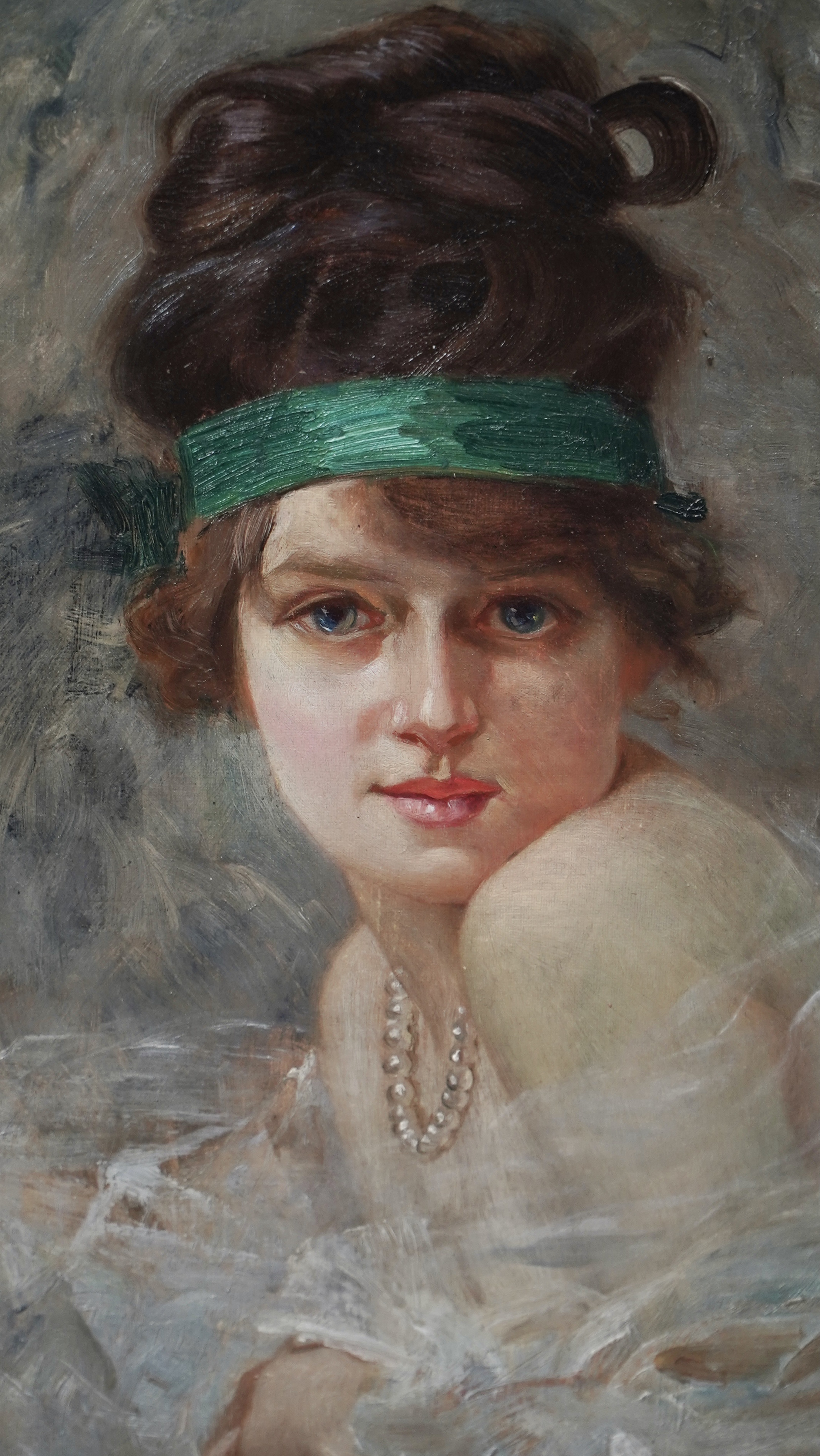 Arthur Spooner (1873-1962), portrait of a flapper wearing a green head ...