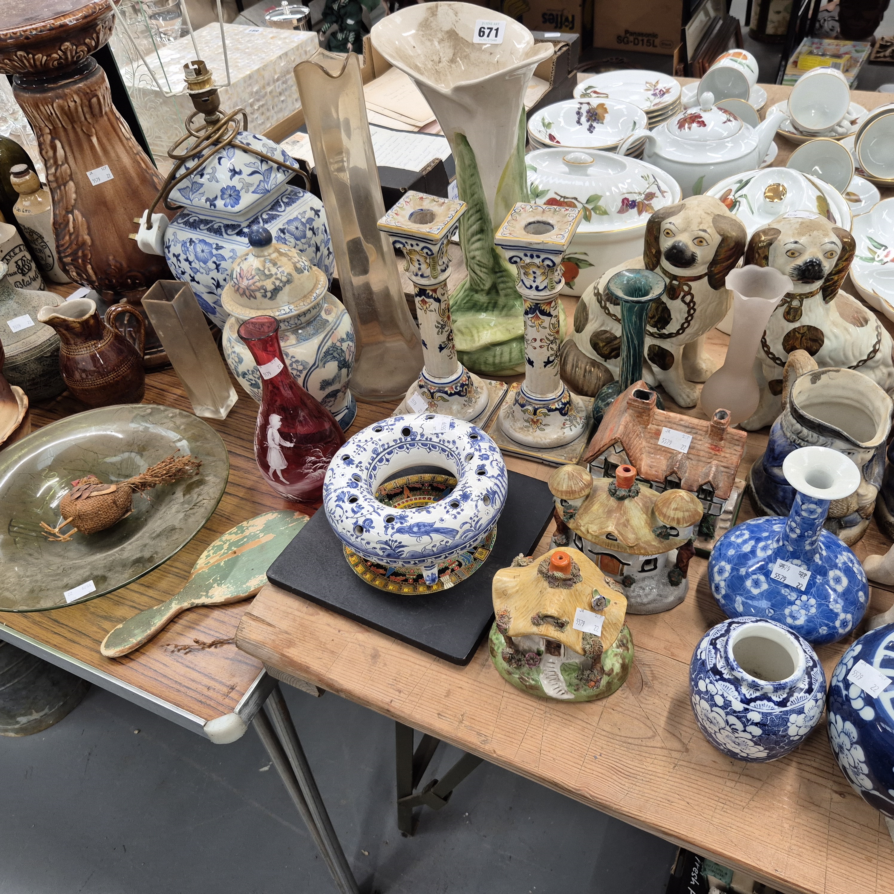 Three Staffordshire pottery cottages, a Mary Gregory vase, pairs of ...