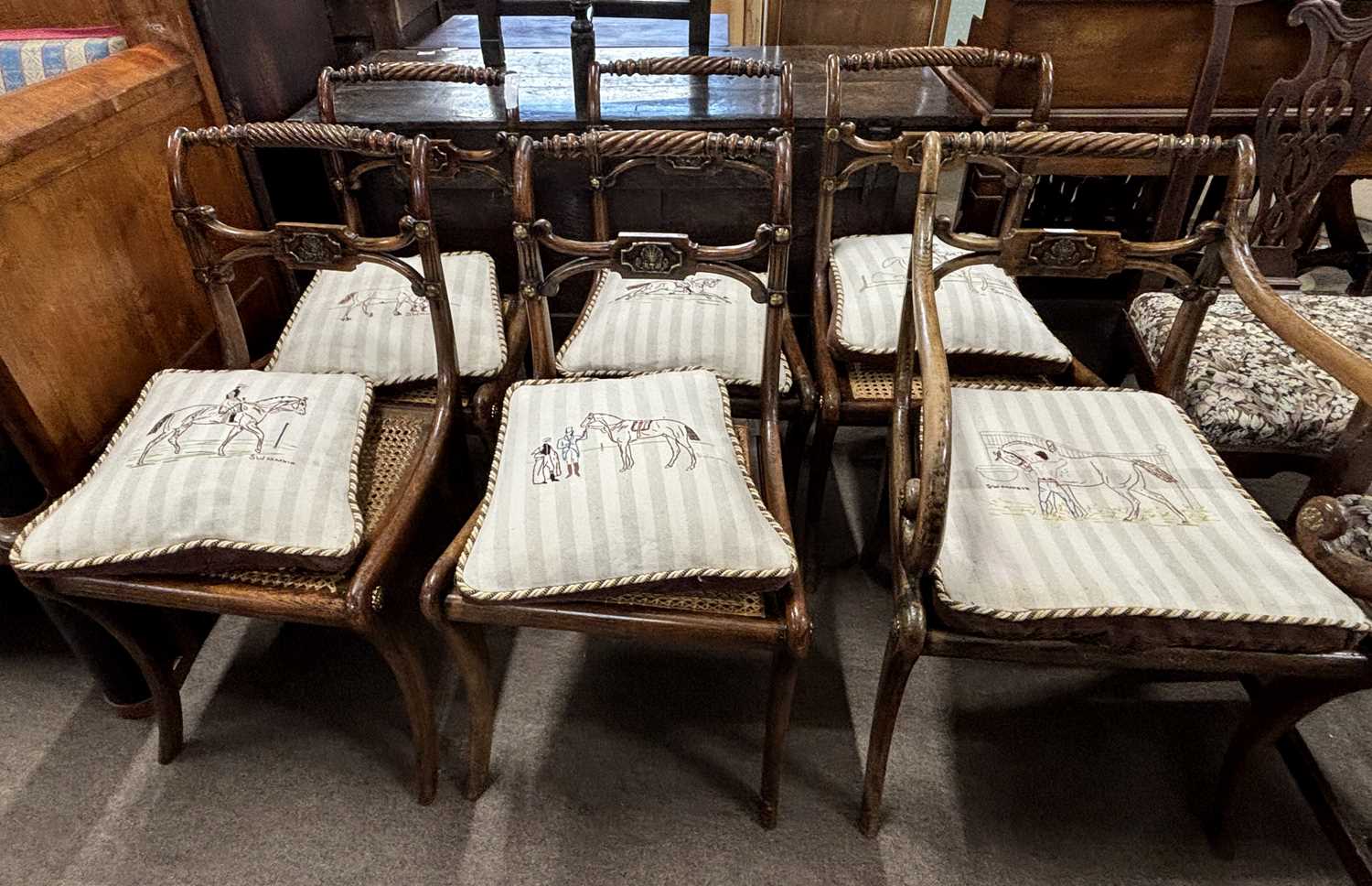 A set of six Regency style dining chairs with simulated rosewood frames ...