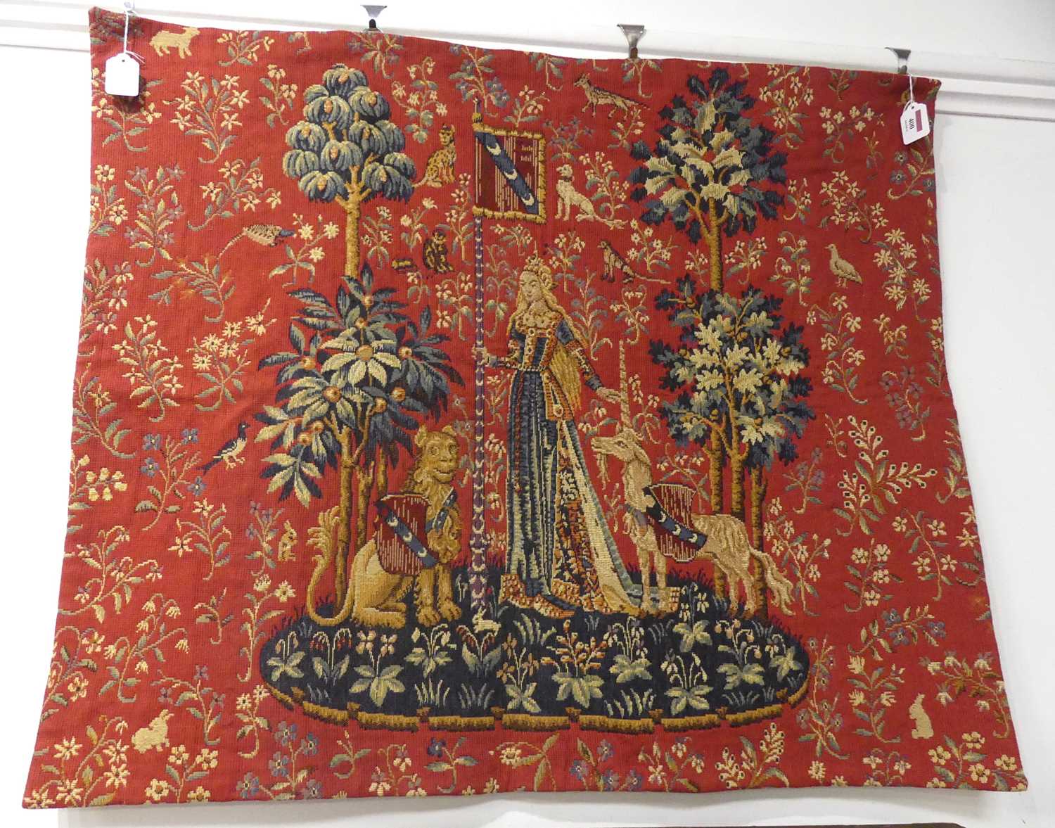 A 20th century French woolwork tapestry depicting a medieval scene, 82x99cm