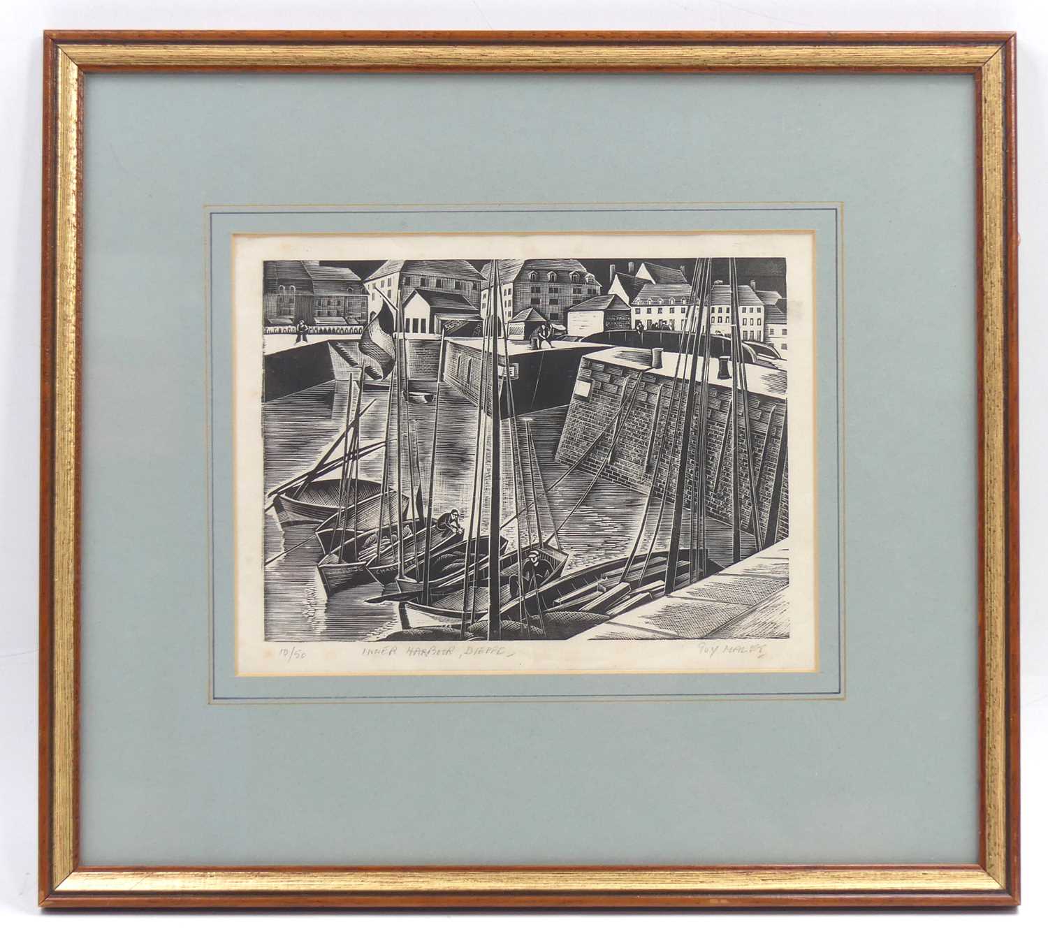Guy Malet (1900-1973) - Inner Harbour, Dieppe, wood engraving, signed ...