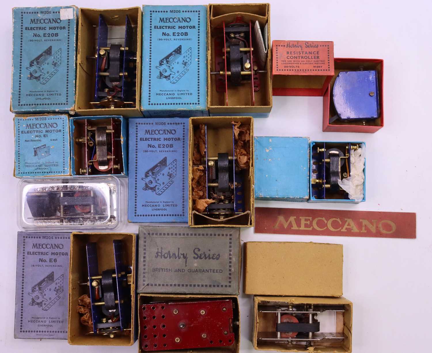 Nine Meccano electric motors to include a No.E6 motor, a No.E.20B, a No ...