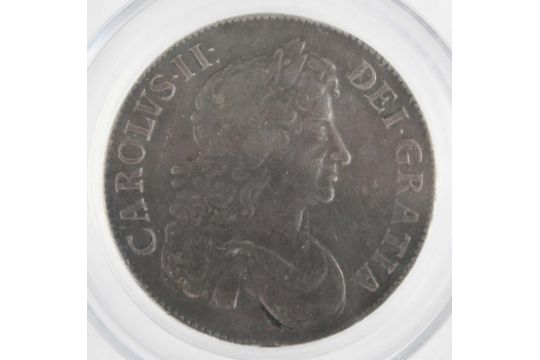 England, 1673 crown, Charles II third laureate and draped bust right ...