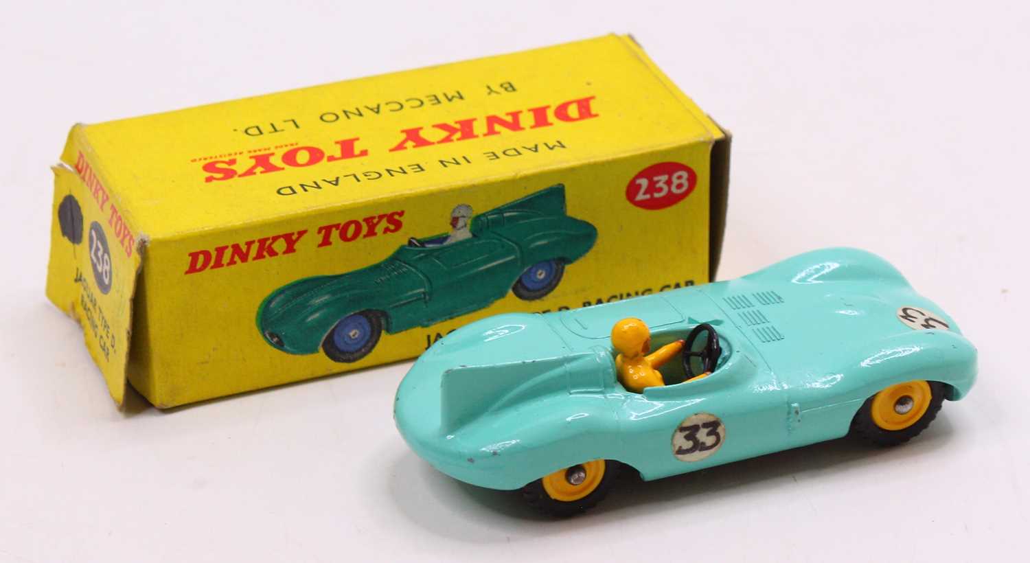 Dinky Toys, 238 Jaguar D Type Racing Car, turquoise body with yellow ...