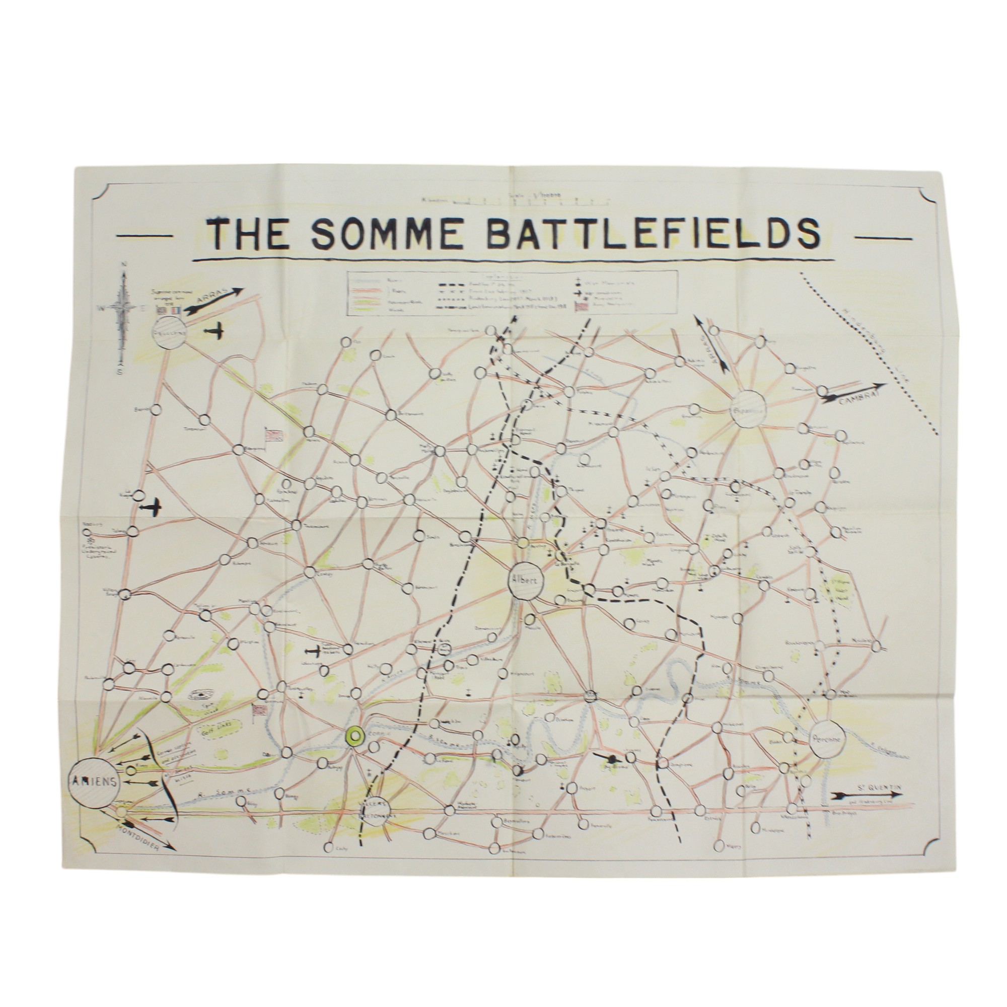 A hand-drawn facsimile map of "The Somme battlefields" together with a ...