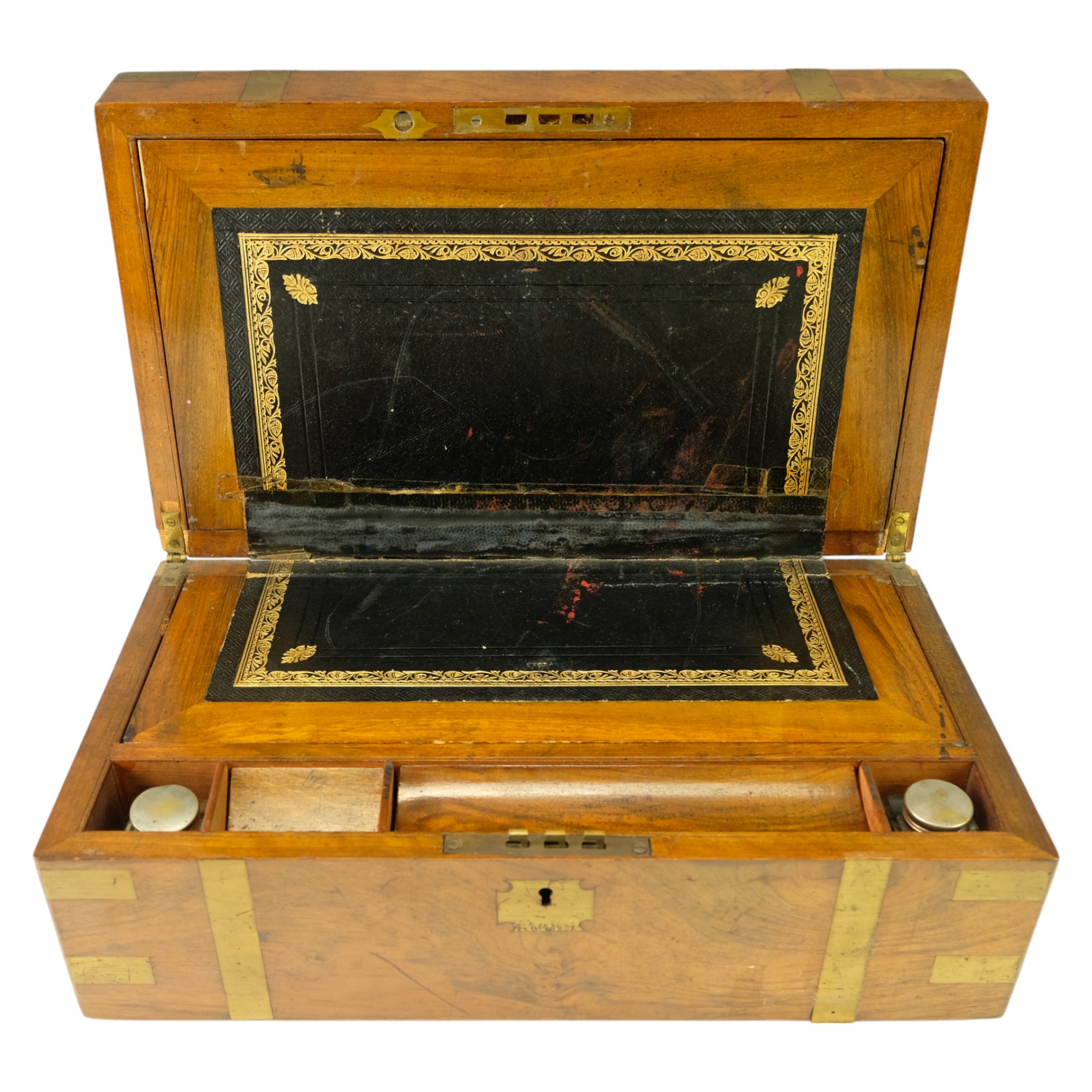A Victorian campaign-style brass-inlaid walnut portable writing box ...