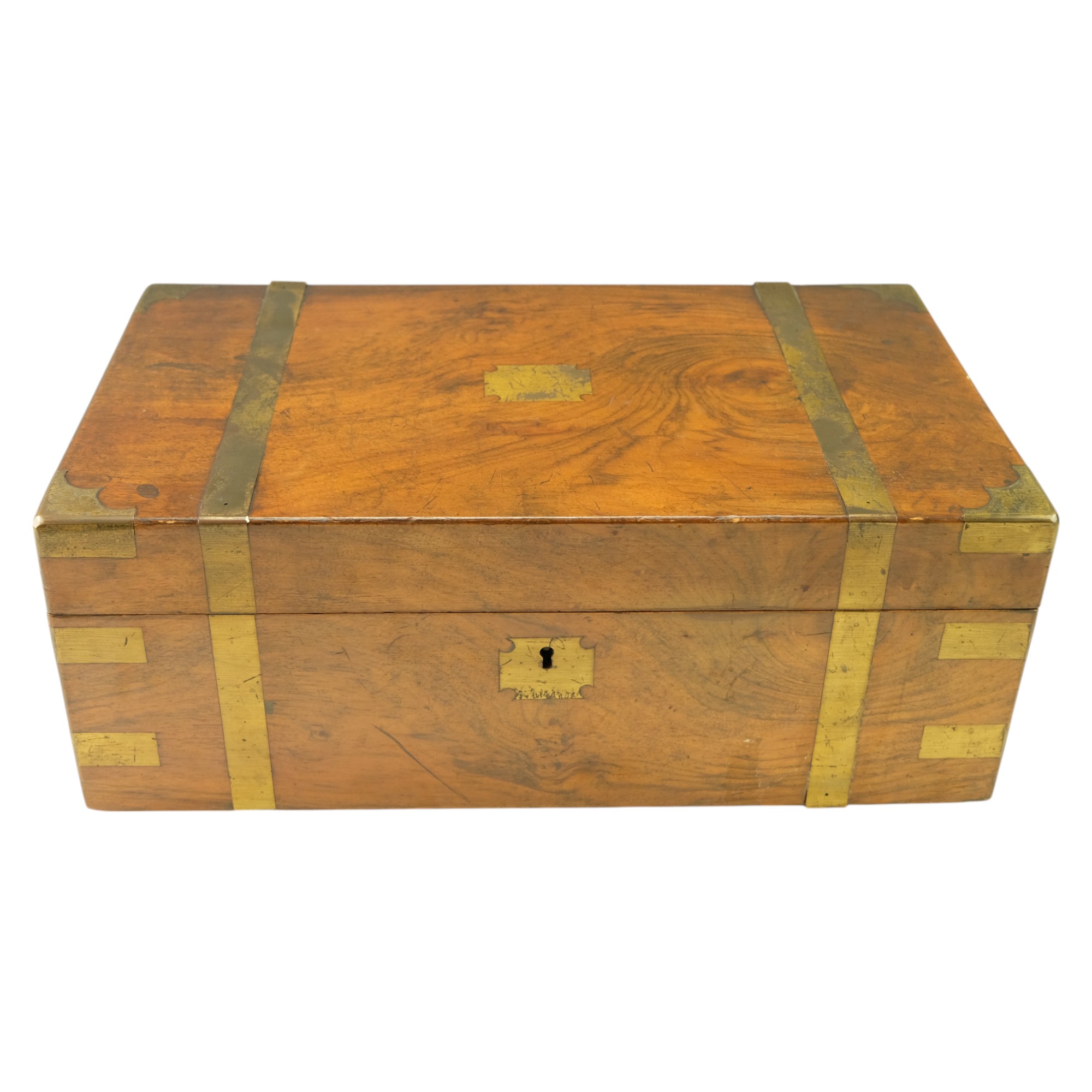 A Victorian campaign-style brass-inlaid walnut portable writing box ...