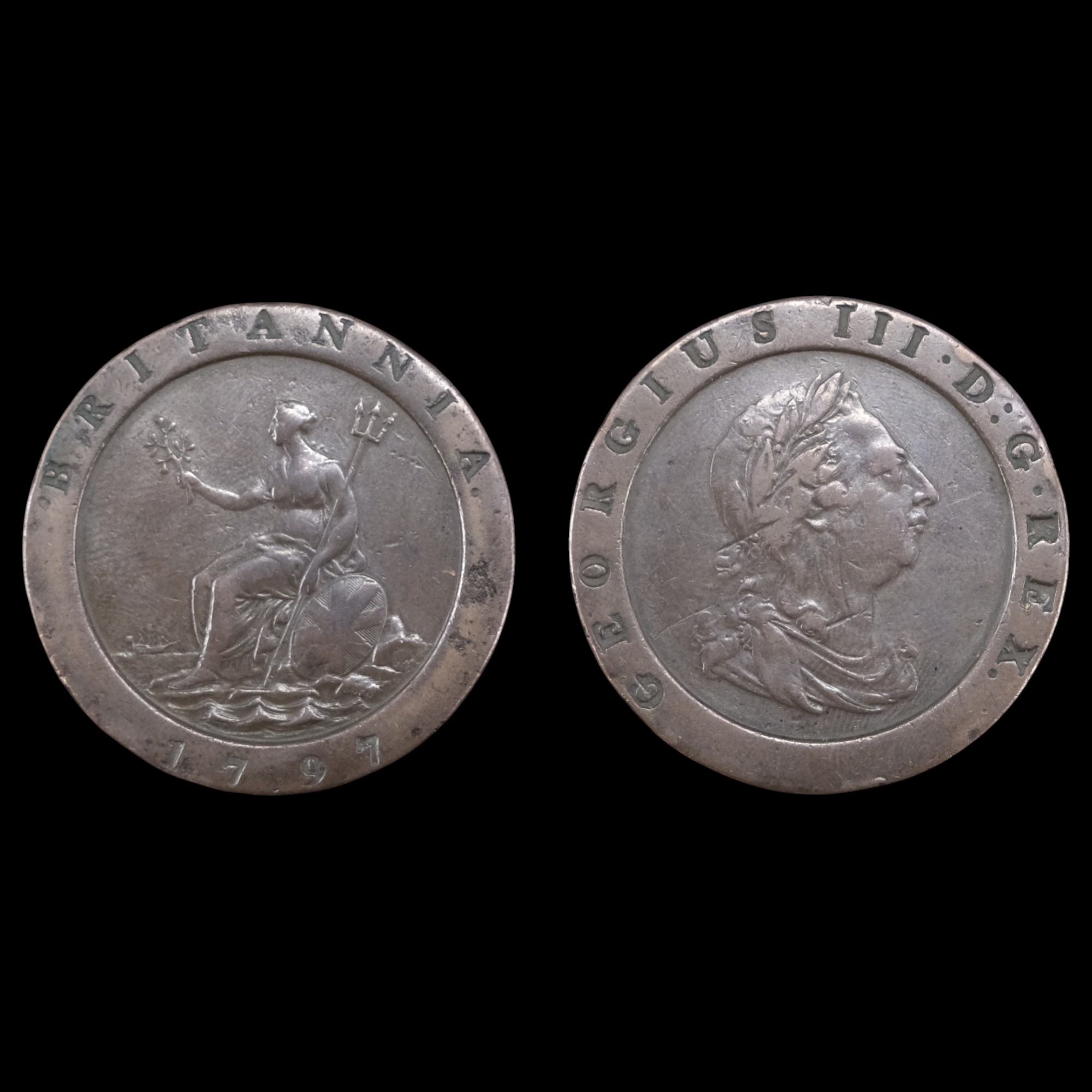 A novelty George III 1797 "cartwheel" twopenny coin, in two pieces ...