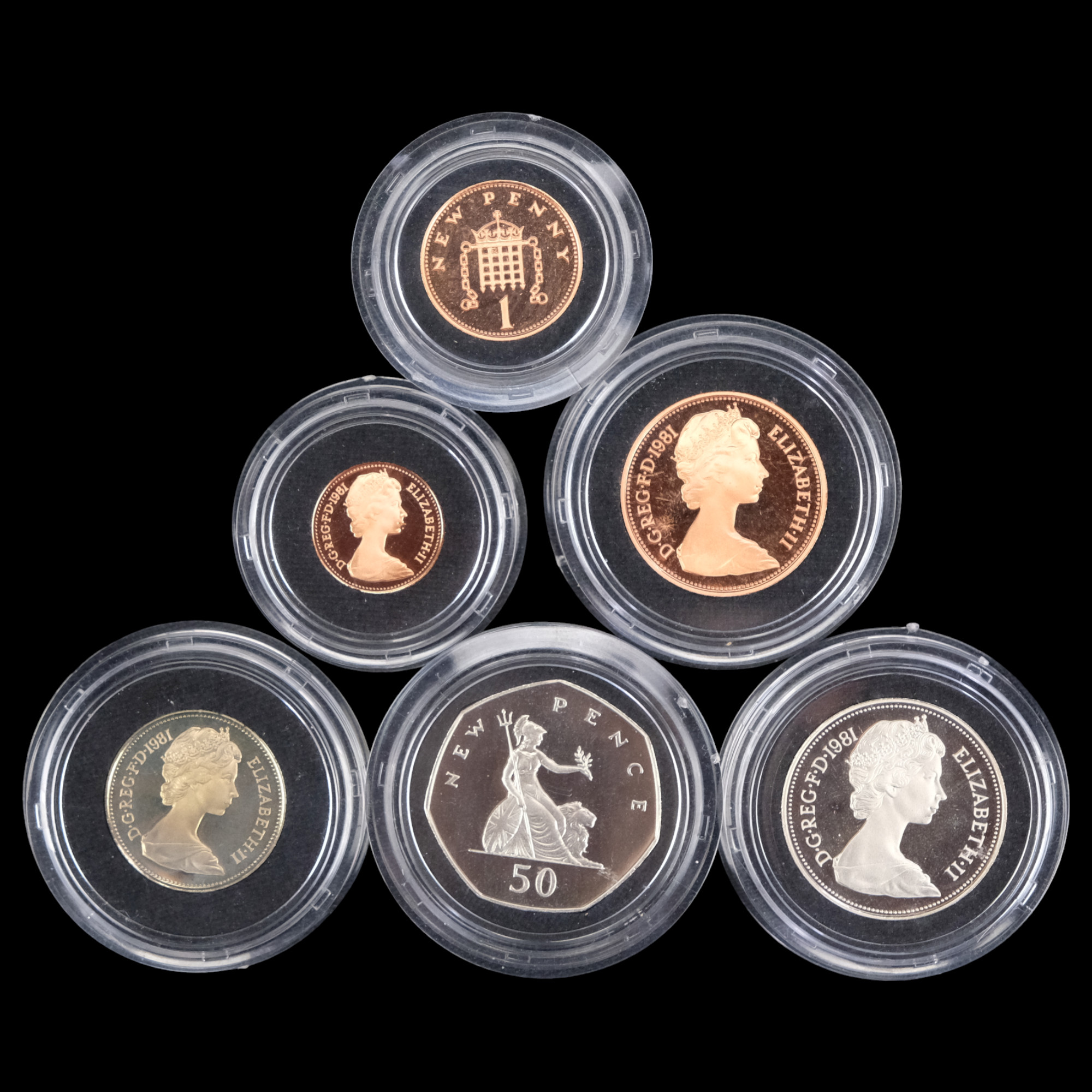 An encapsulated proof set of six 1981 UK coins