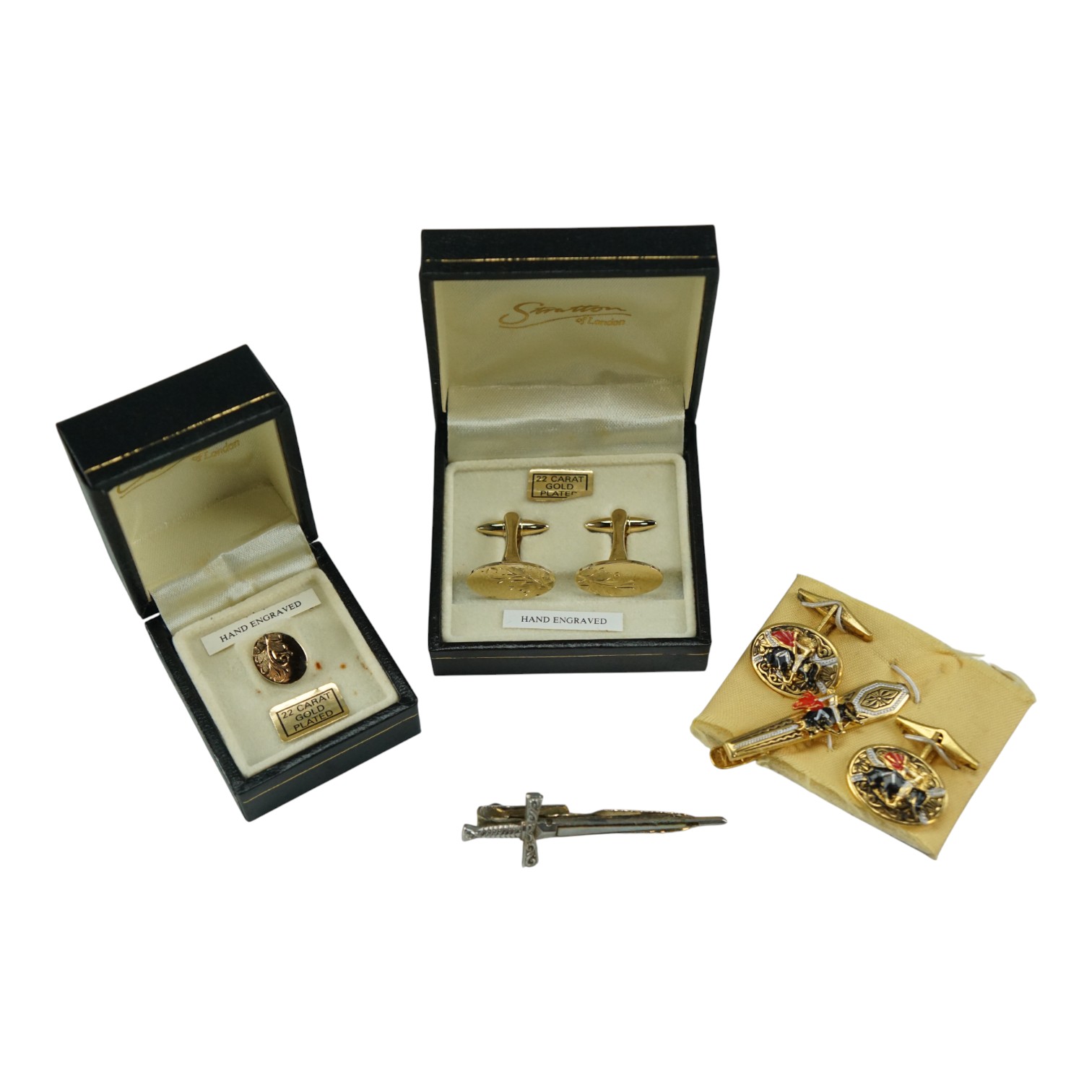 Vintage gold-plated Stratton cufflinks, a shirt stud and a tie clip in ...