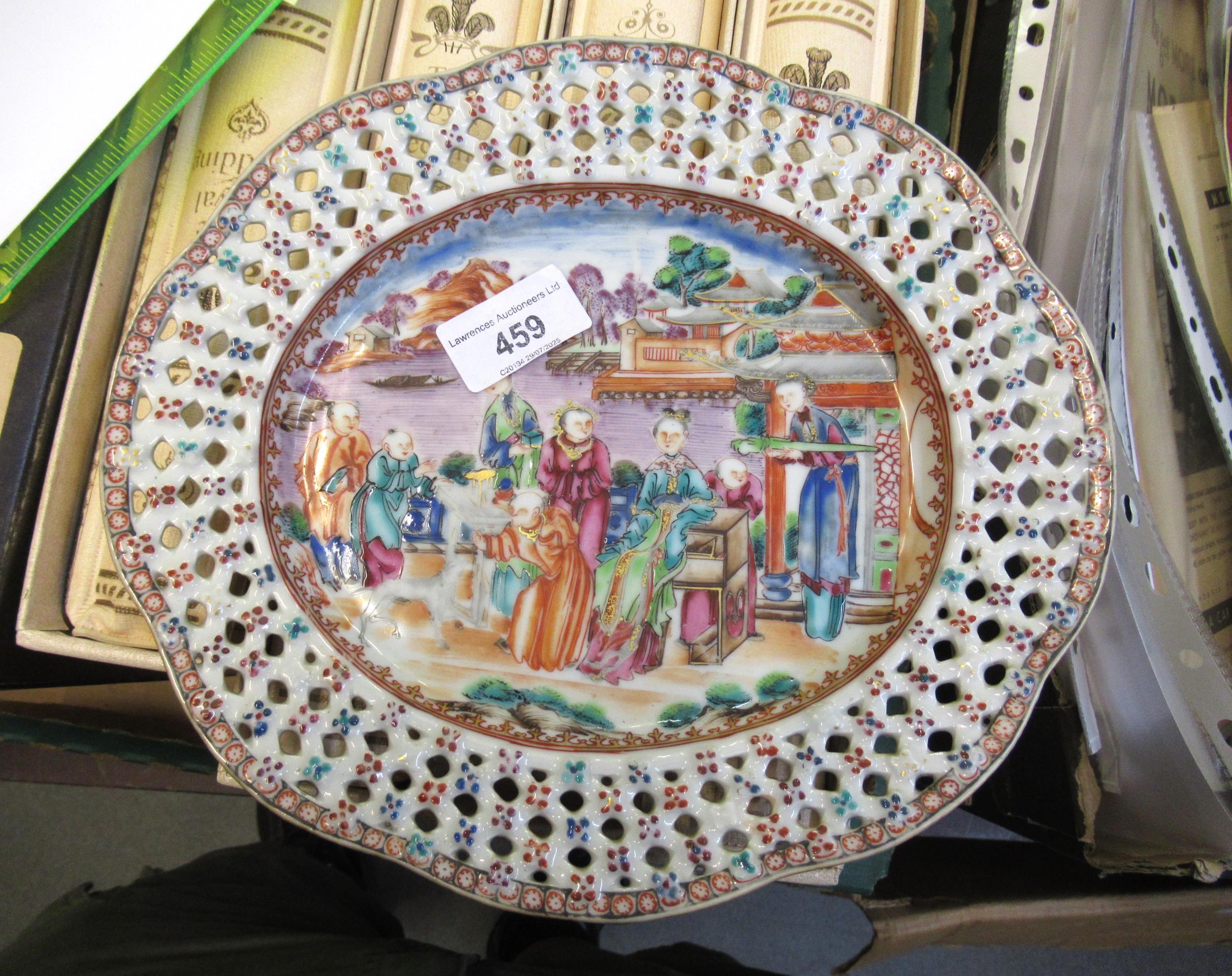 Chinese Canton plate painted with figures on a terrace within a pierced ...