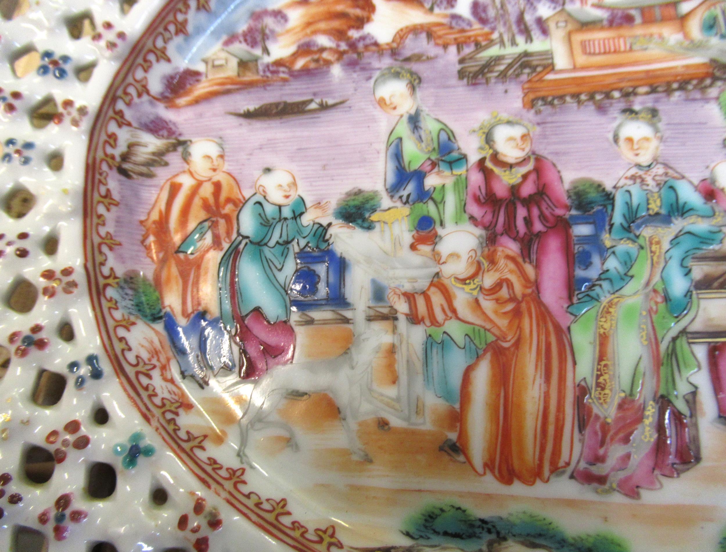 Chinese Canton plate painted with figures on a terrace within a pierced ...