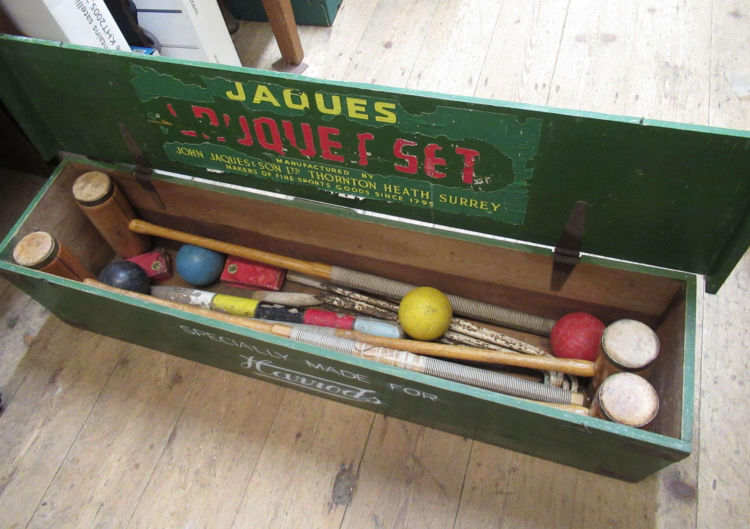 Jaques for Harrods tournament croquet set in a green painted pine box