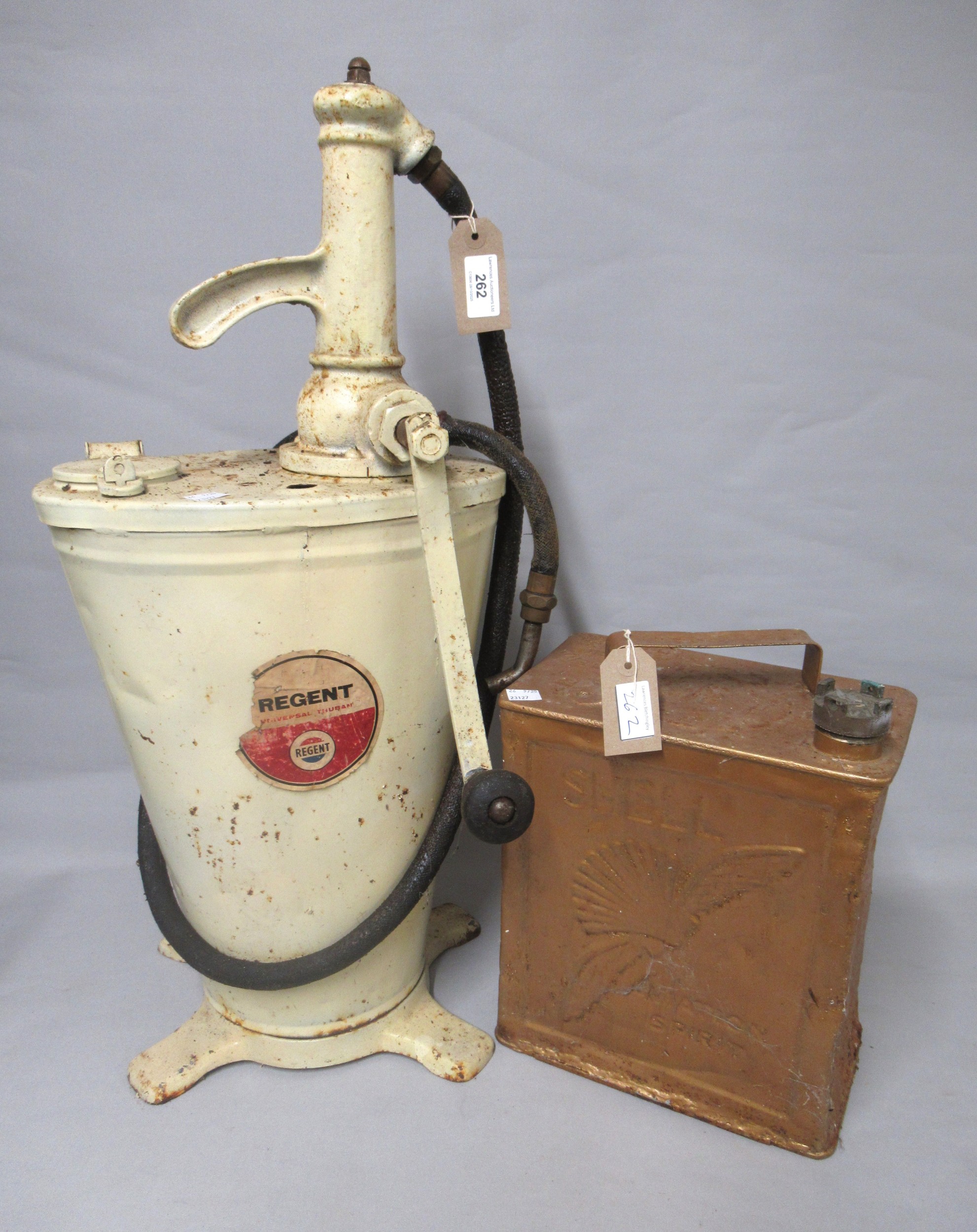 Vintage oil bowser with Regent label, together with a Shell petrol can