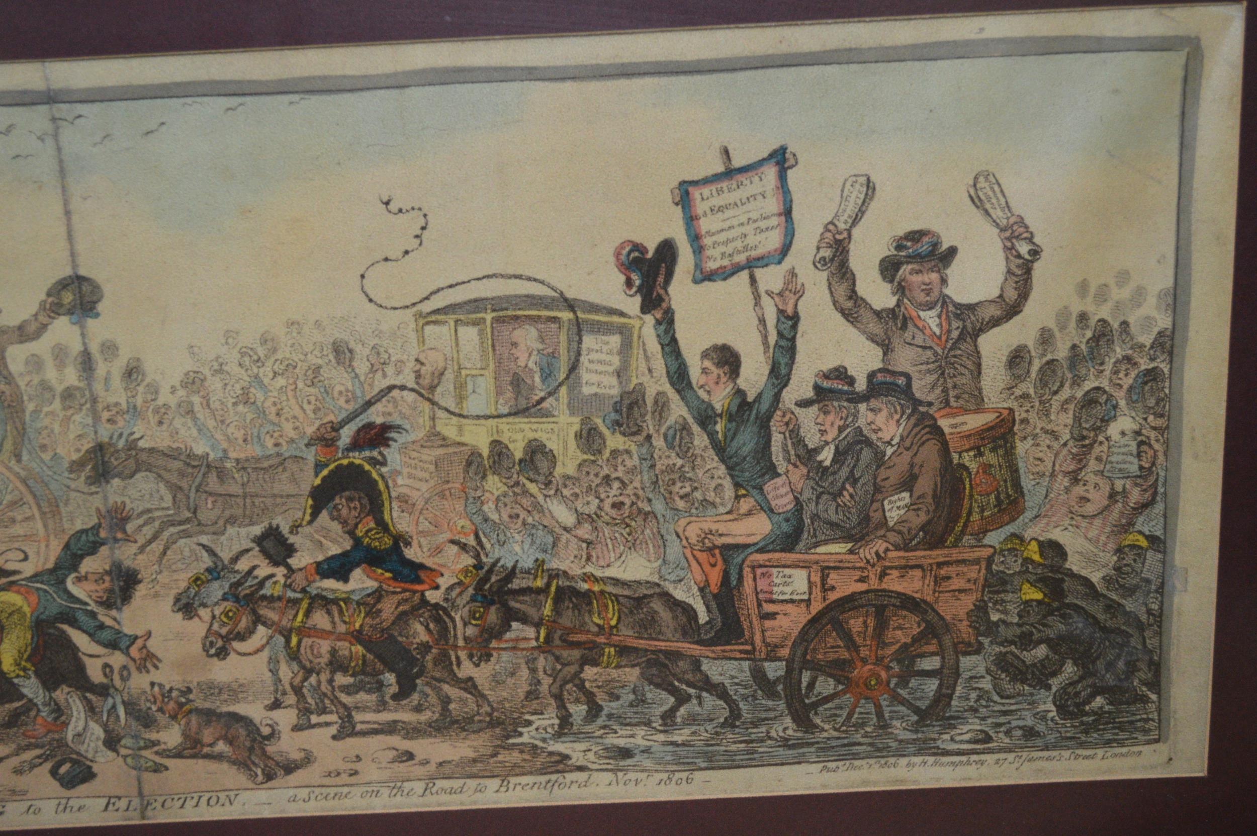 James Gillray, antique print in colours, ' Posting to the Election ...