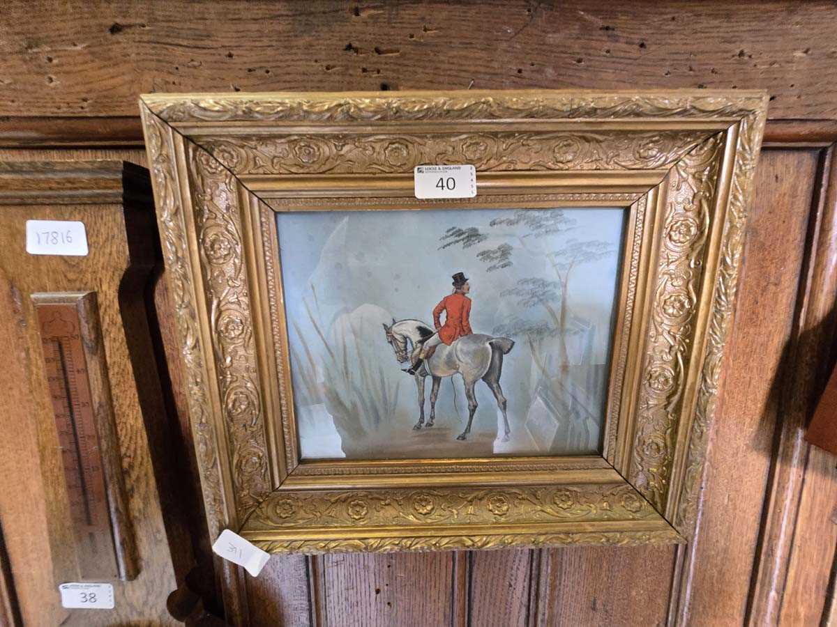 A framed and glazed watercolour of huntsman on horse