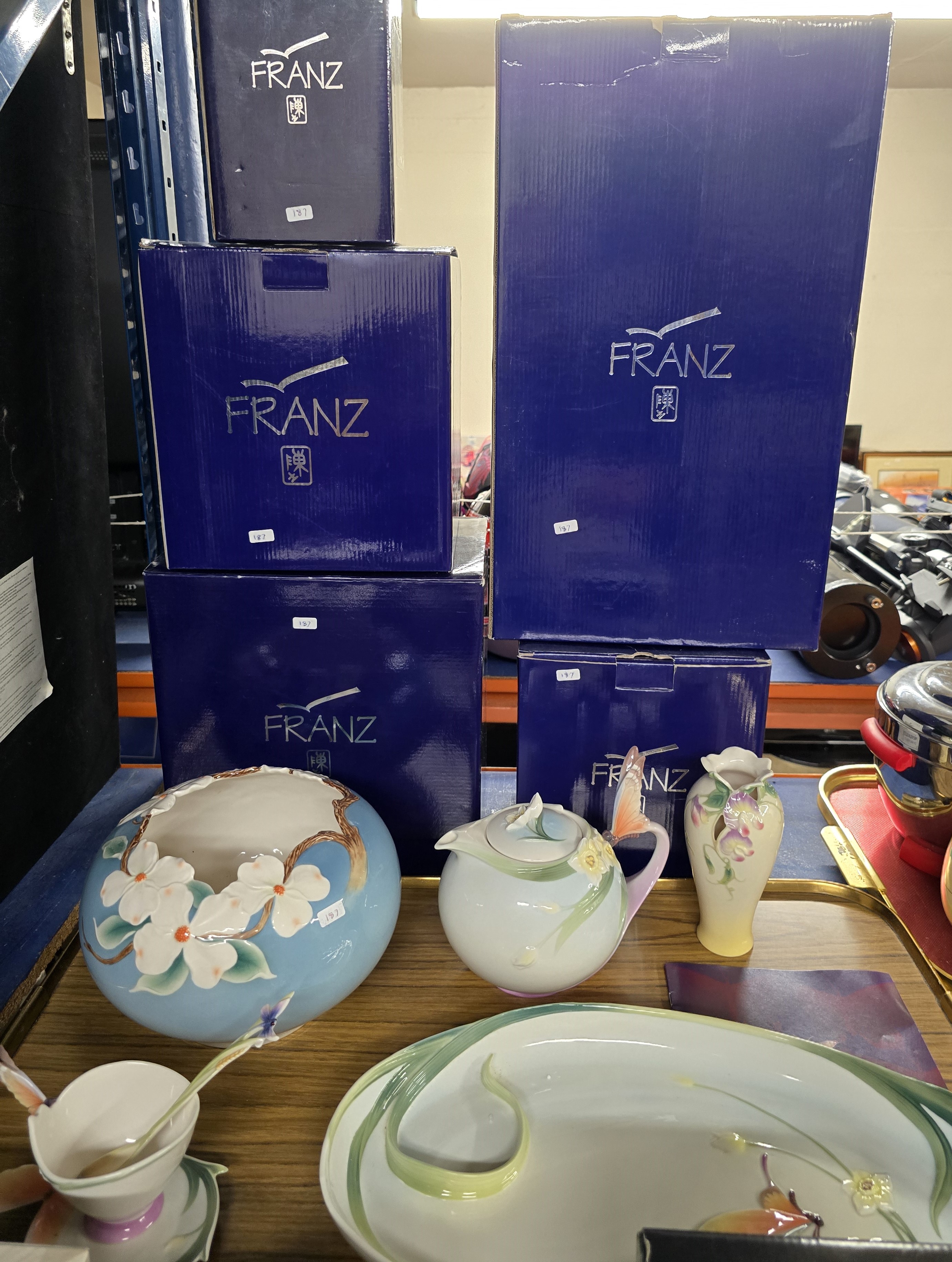 5 PIECES OF FRANZ PORCELAIN WARE COMPRISING LONG DISH, CUP & SAUCER ...