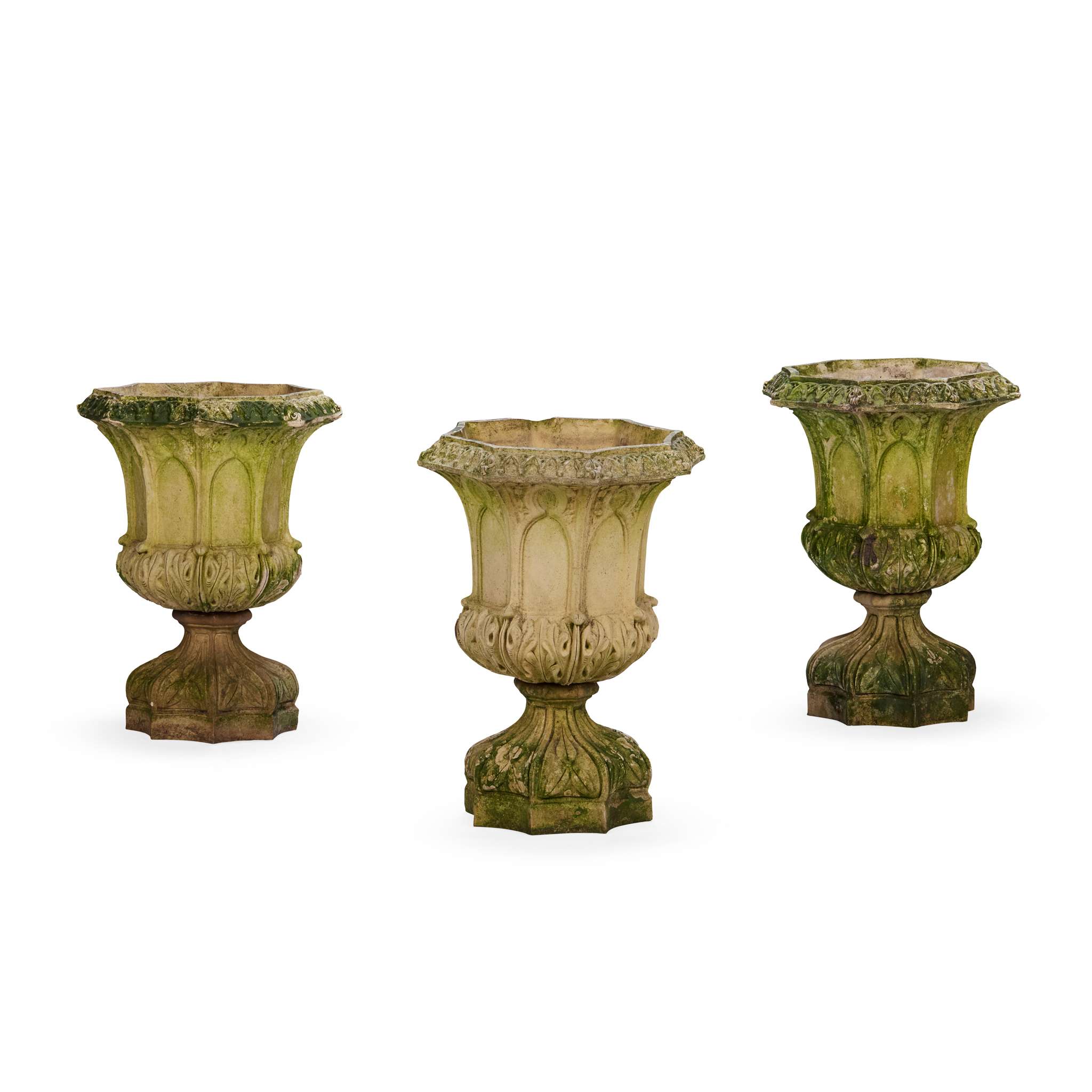 SET OF THREE CAST STONE GOTHIC STYLE GARDEN URNS MODERN of octagonal ...