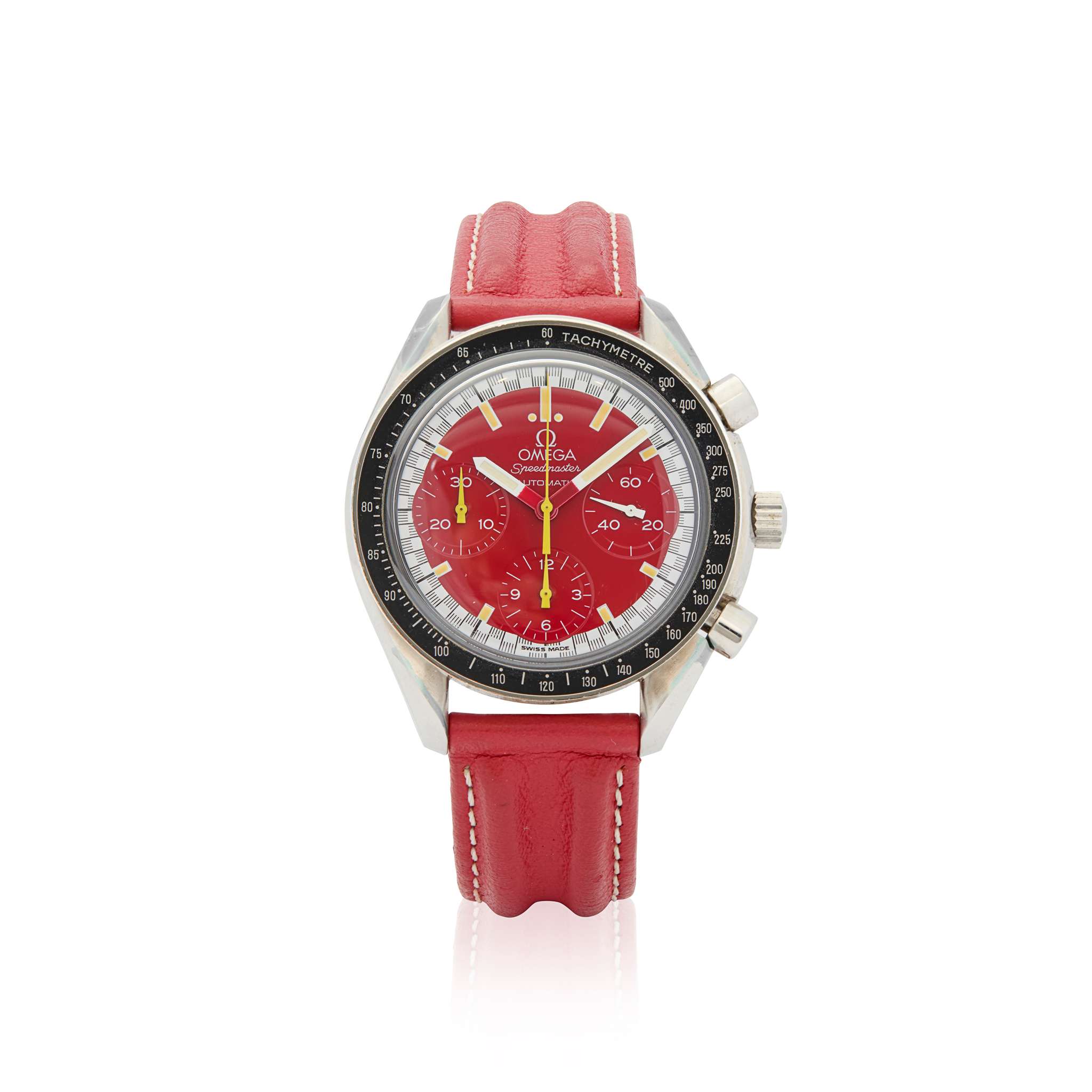Omega. A stainless steel automatic chronograph wristwatch with red dial ...