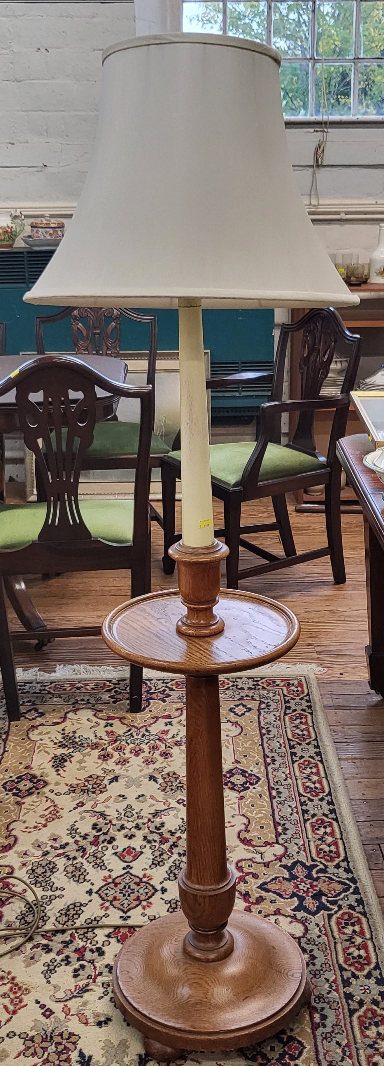 A vintage turned oak standard lamp with shade 153cm including shade ...