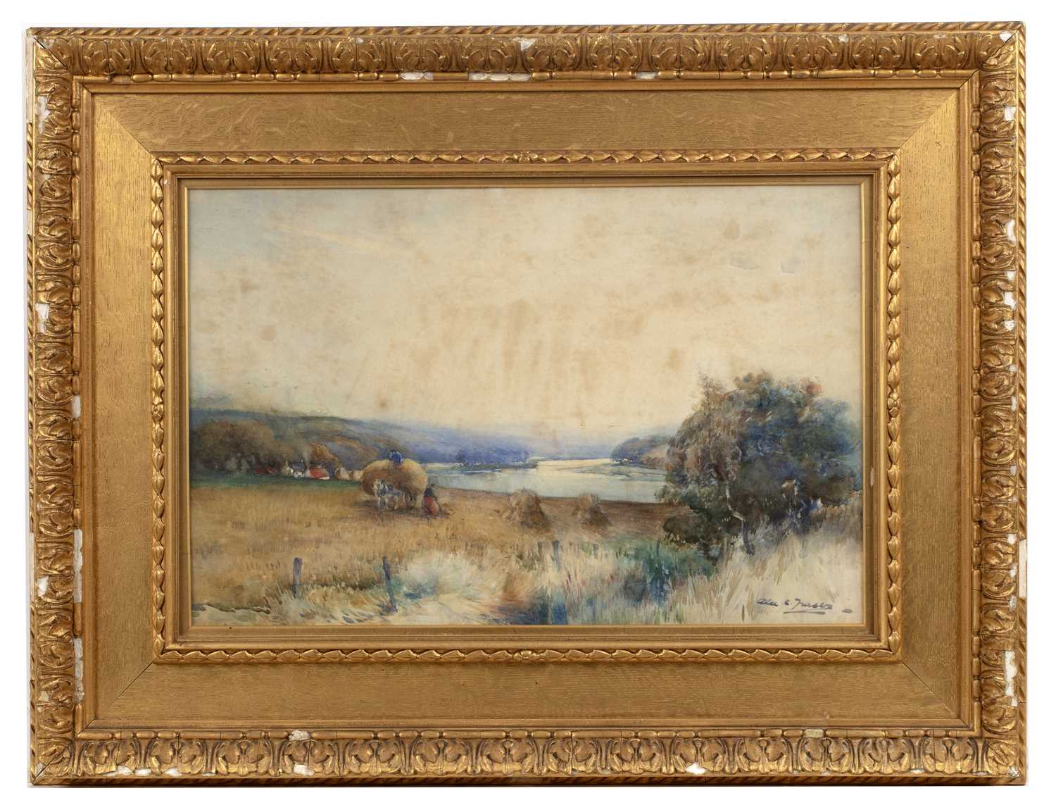 Alec Fraser (act. 1893-1939) Harvesting in a river landscape, signed ...