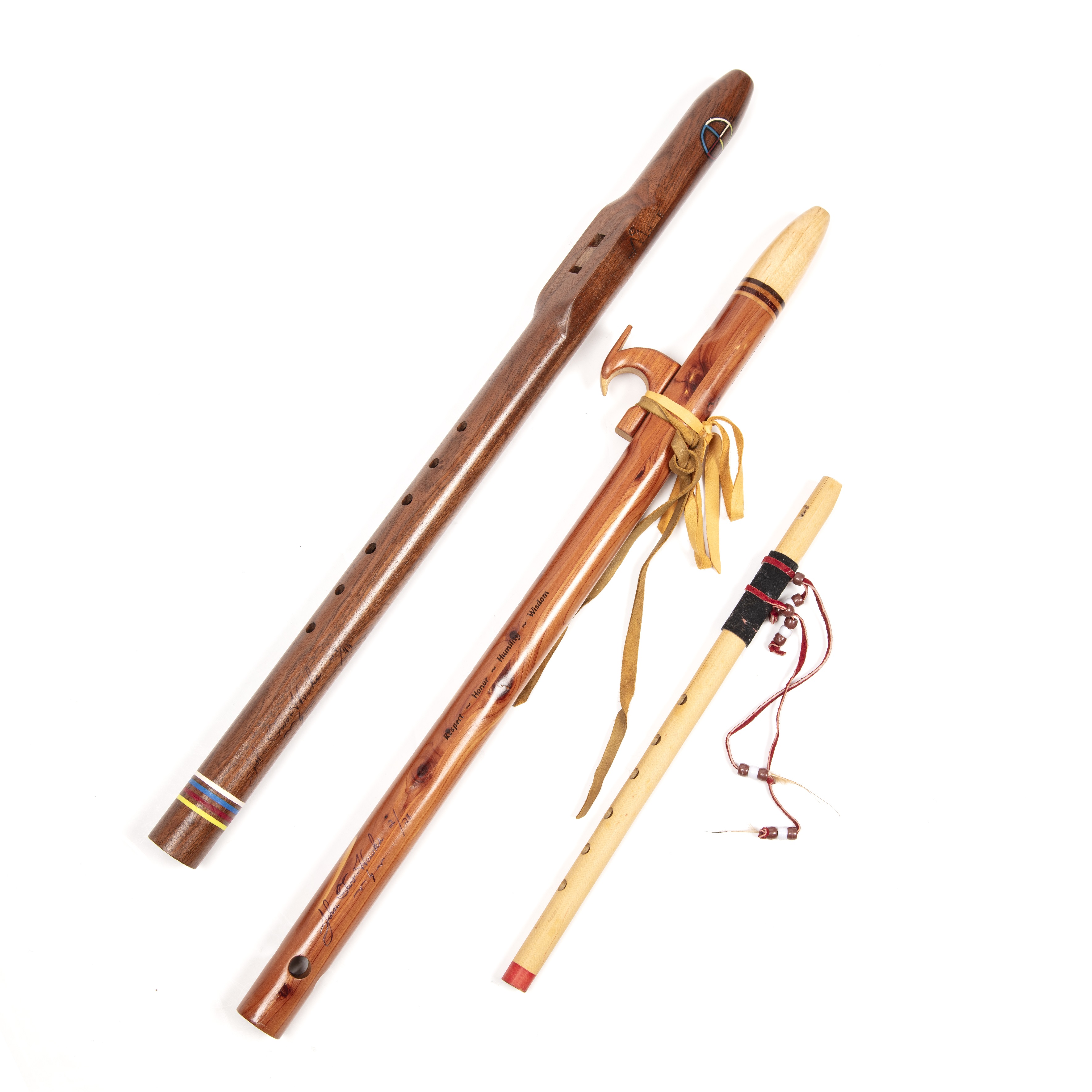 A yew wood Earth-Fire-Water-Wind flute, by John Two-Hawks, no.2/28 ...