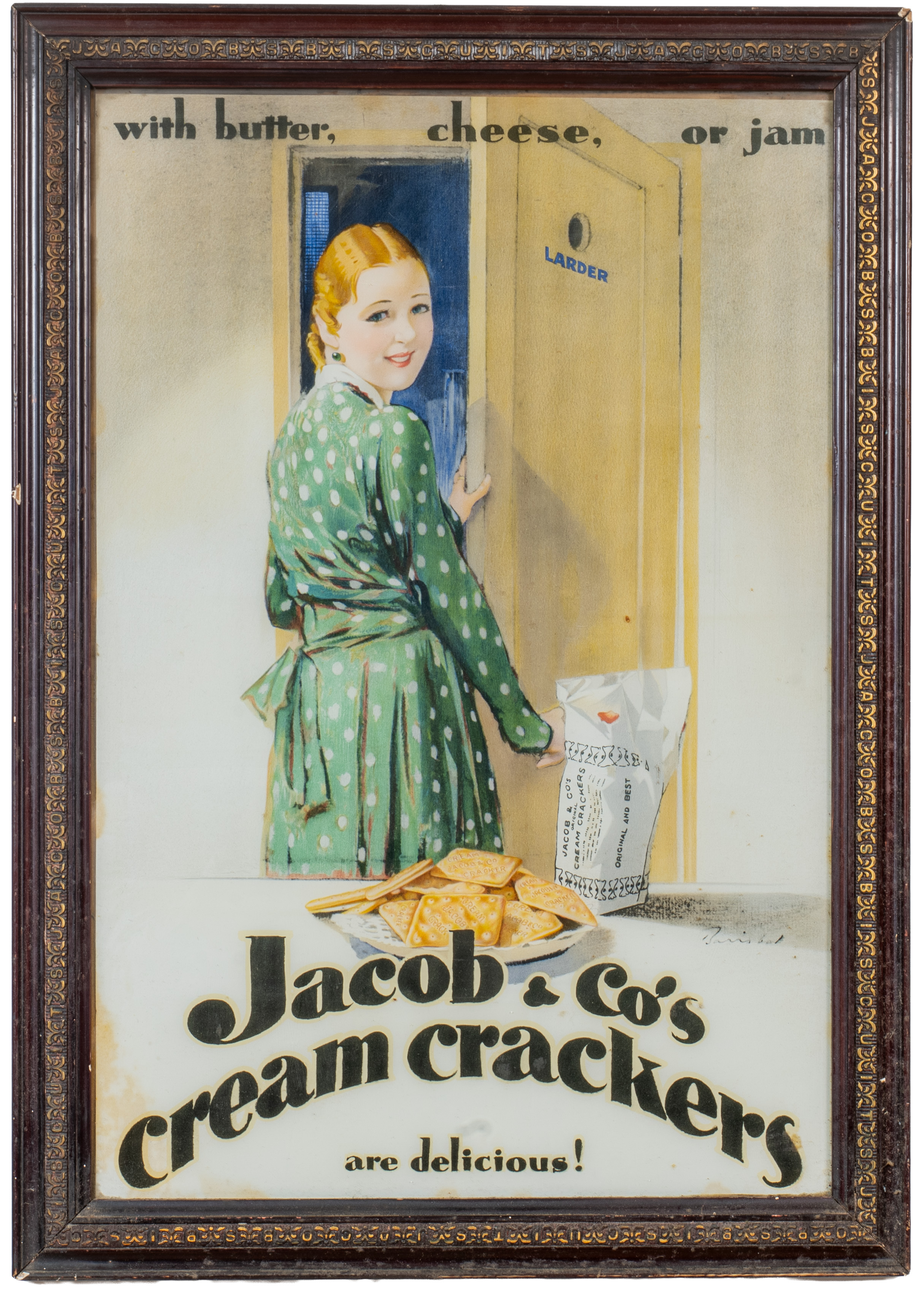 A Vintage Jacob & Co's framed poster Reading "with butter, cheese or ...