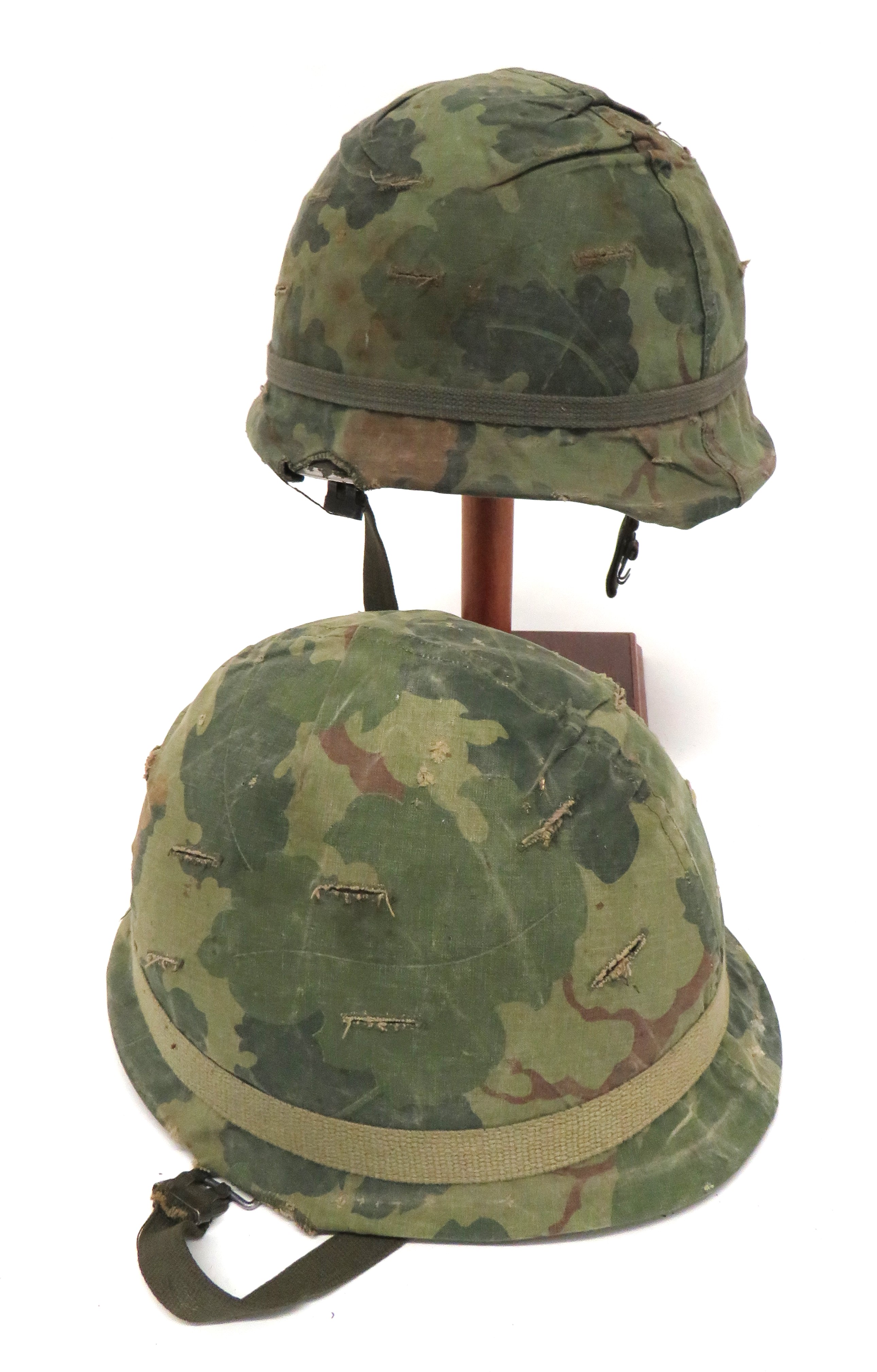 Two Post War American Pattern Steel Helmets green painted steel shells ...