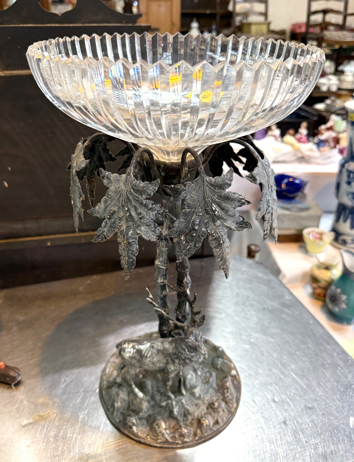 A Victorian Elkington-style silver plated and glass table centre with ...
