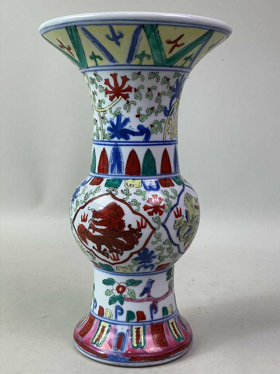CHINESE GU VASE, AND A PAIR OF CHINESE FAN SHAPED POSY VASES each 20th ...