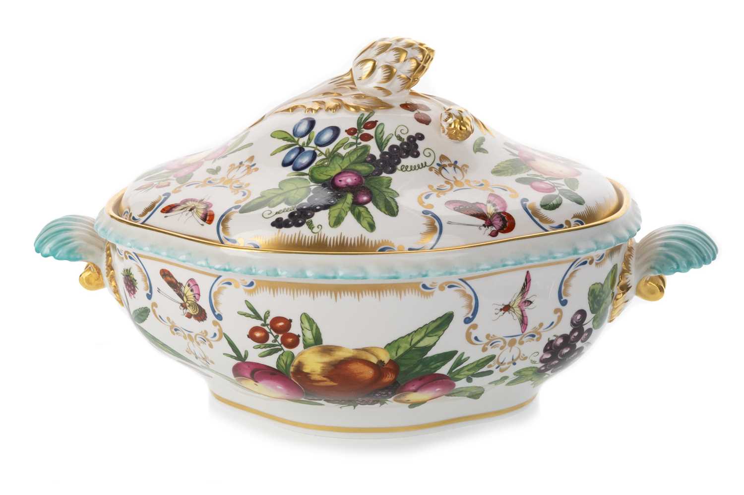 MODERN WORCESTER TUREEN WITH LID, decorated with fruit and butterflies ...