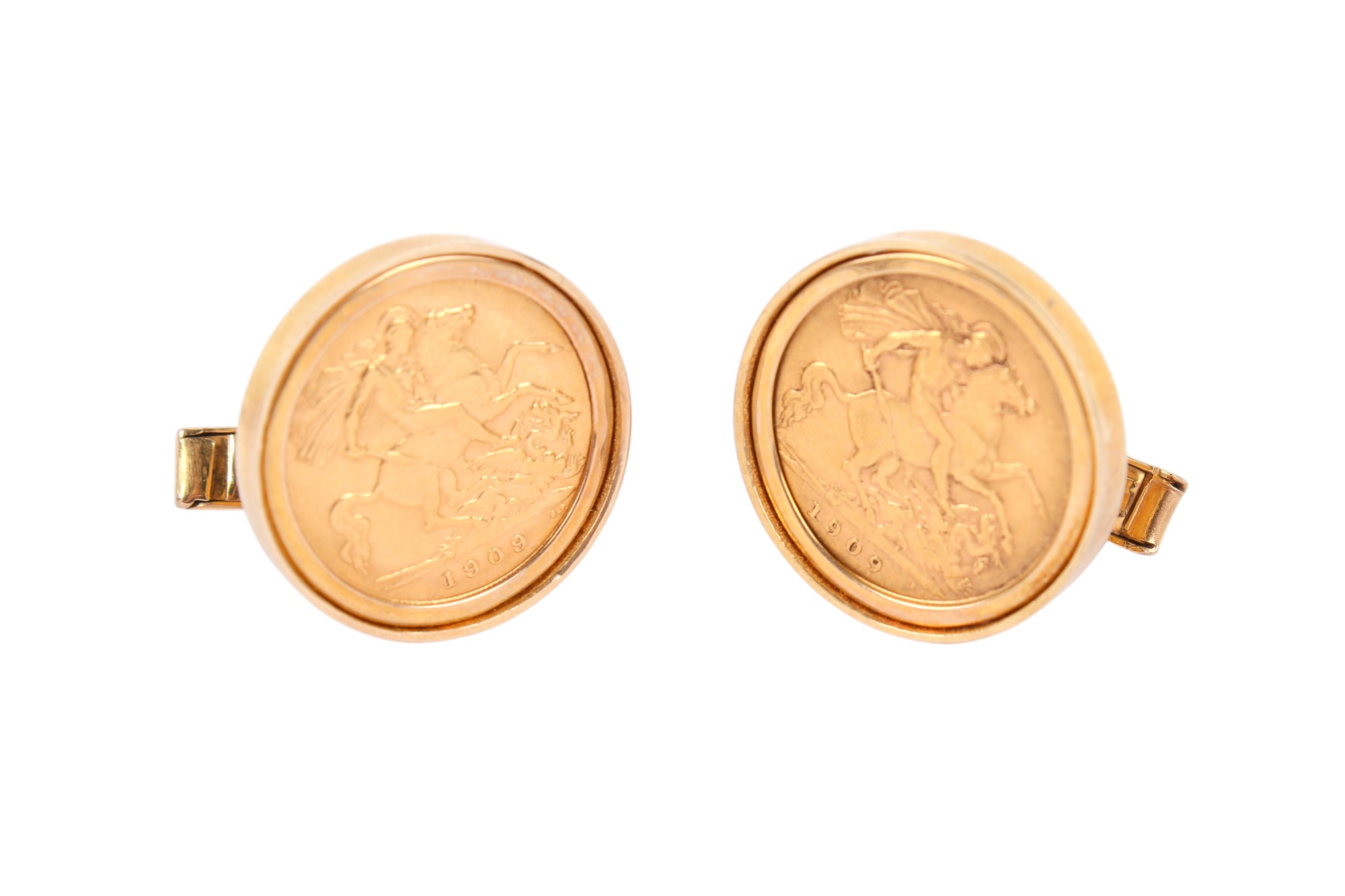 A pair of 1909 half sovereign and 9ct gold cufflinks. With 9ct gold ...