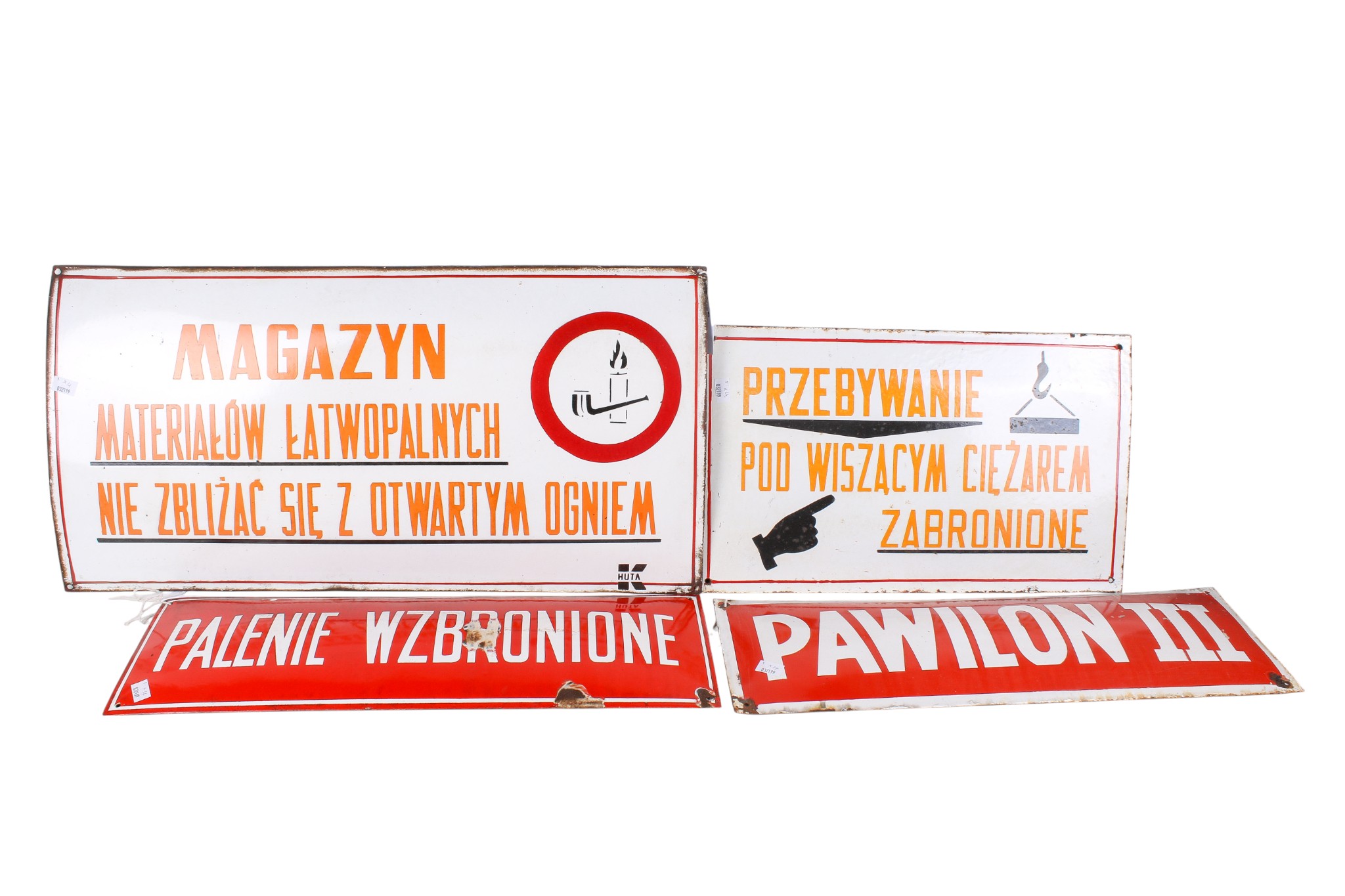 A collection of four assorted vintage Polish language enamel warning ...