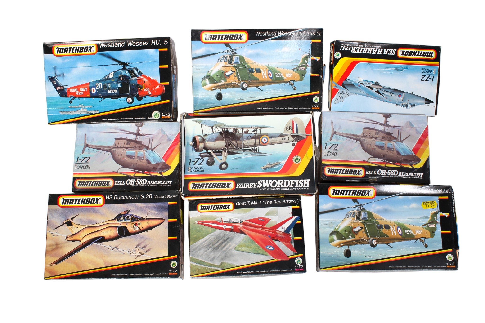 Nine Matchbox 1:72 scale plastic aircraft kits. Including a Westland ...