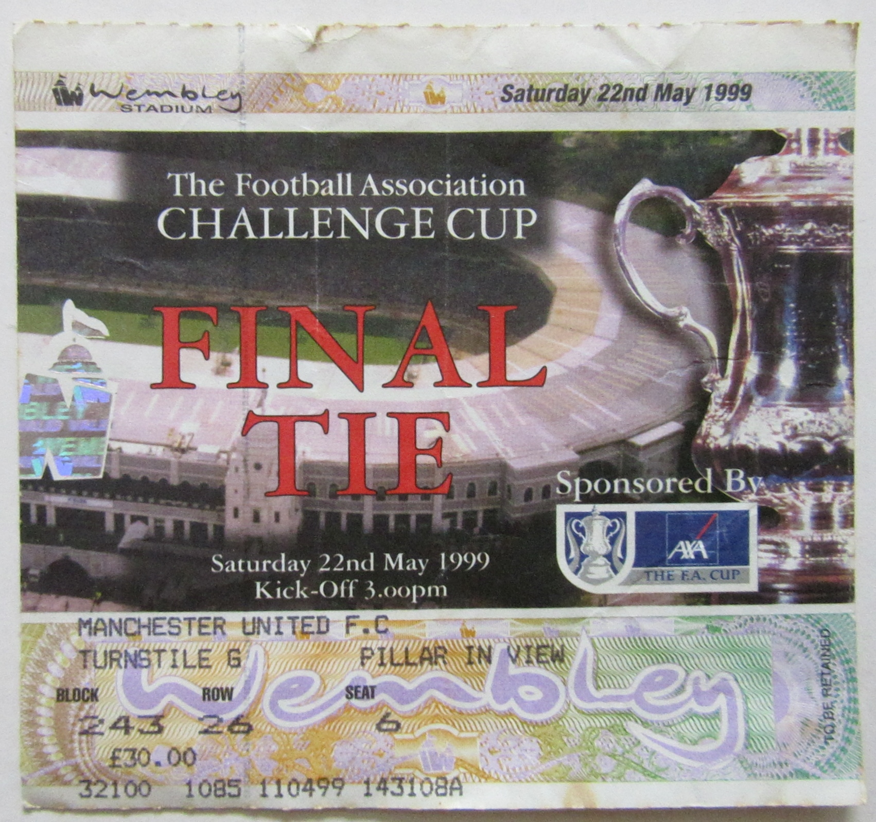 1999 FA CUP FINAL NEWCASTLE UNITED V MANCHESTER UNITED TICKET - TREBLE ...