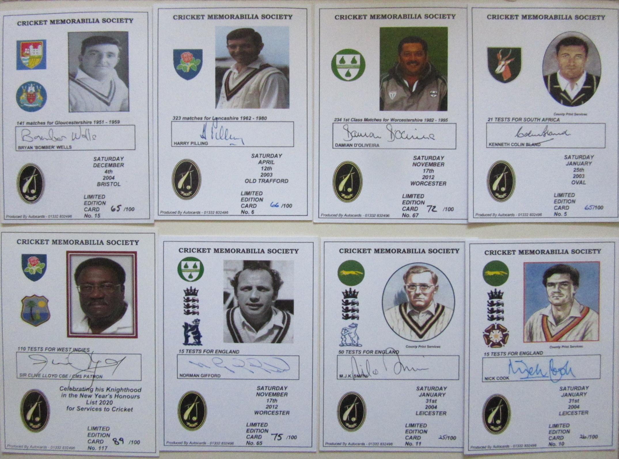 CRICKET MEMORABILIA SOCIETY AUTOGRAPHED LIMITED EDITION CARDS X 12 ...