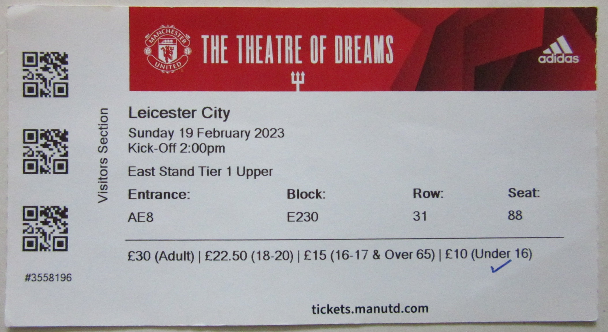 2022-23 MANCHESTER UNITED V LEICESTER CITY TICKET Ref SR