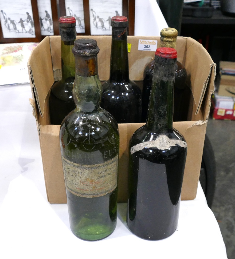 Five bottles of vintage alcohol including etched bottle Chartreuse ...