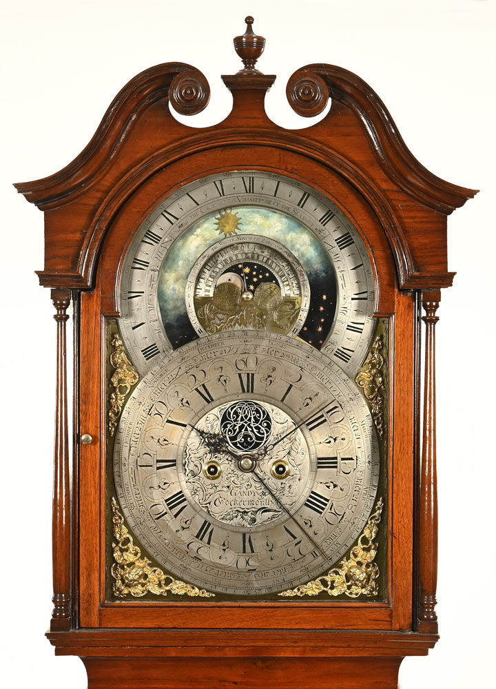 A George II astronomical clock by Gandy of Cockermouth dated 1757, with ...