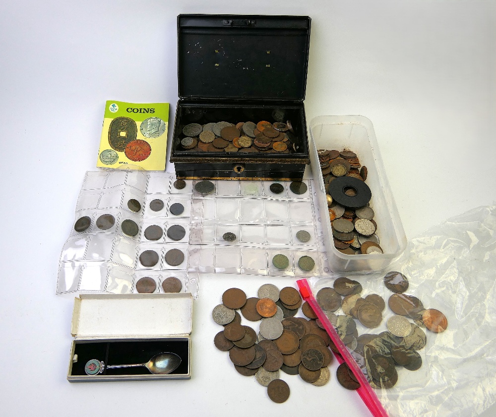 Vintage cash tin and quantity of vintage coins
