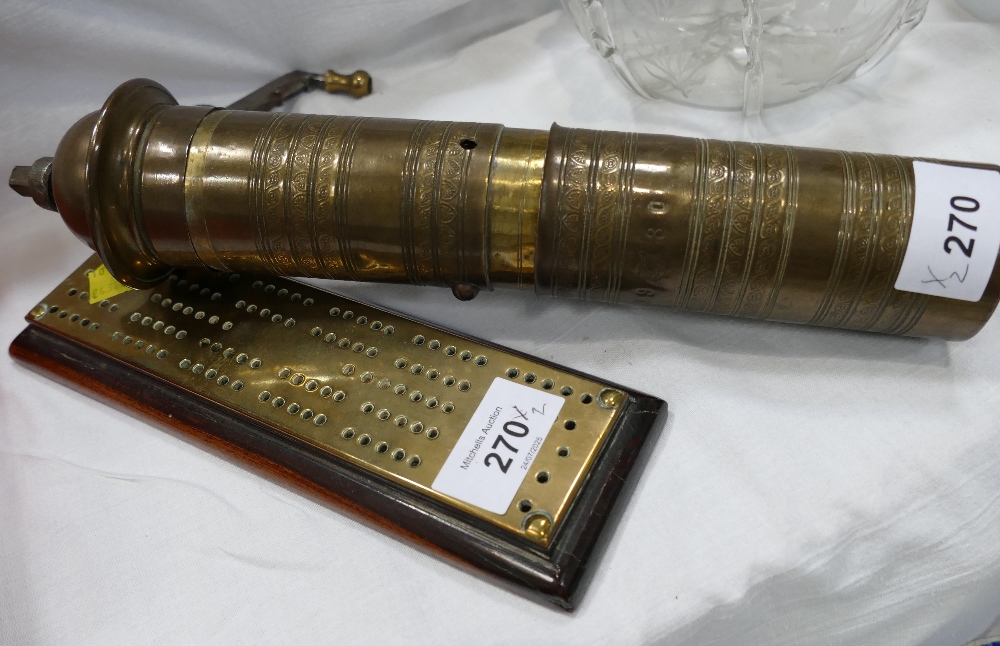 Brass topped cribbage board and brass instrument