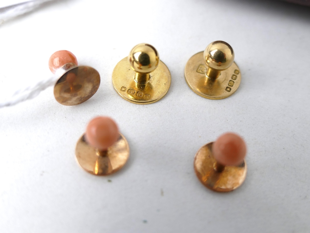 Two 18 ct gold studs, approx. weight 2.9 grams and a box of three ...