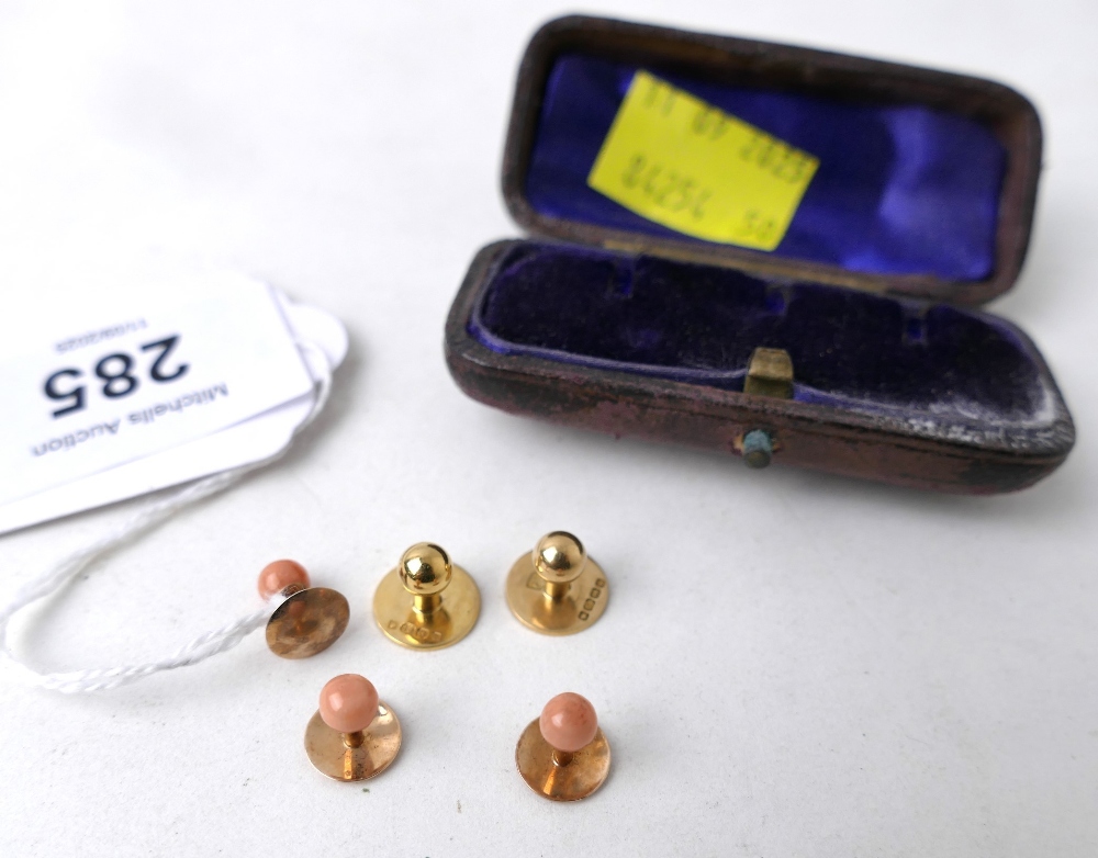 Two 18 ct gold studs, approx. weight 2.9 grams and a box of three ...