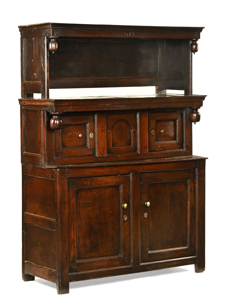 An antique oak Tridarn cupboard, in three sections the court cupboard ...