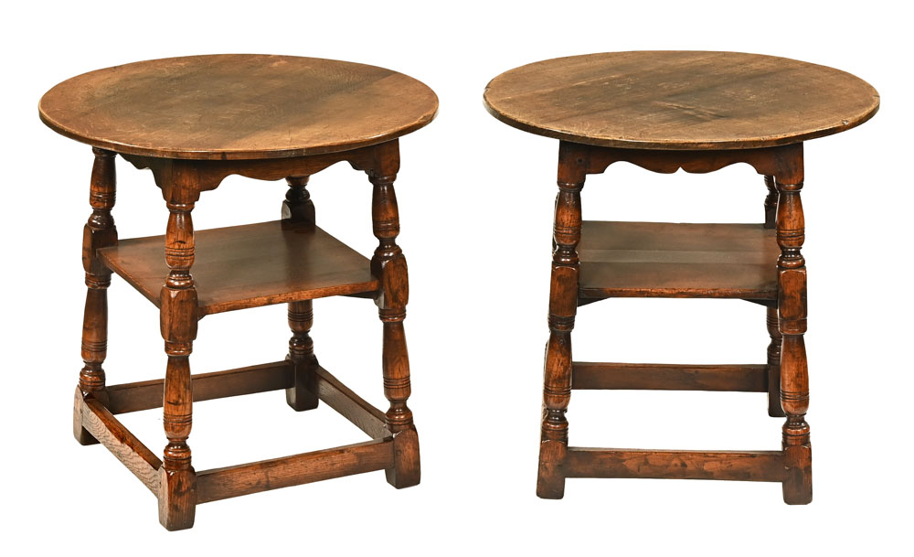 A pair of Titchmarsh and Goodwin style oval oak small tables. Height 59 ...