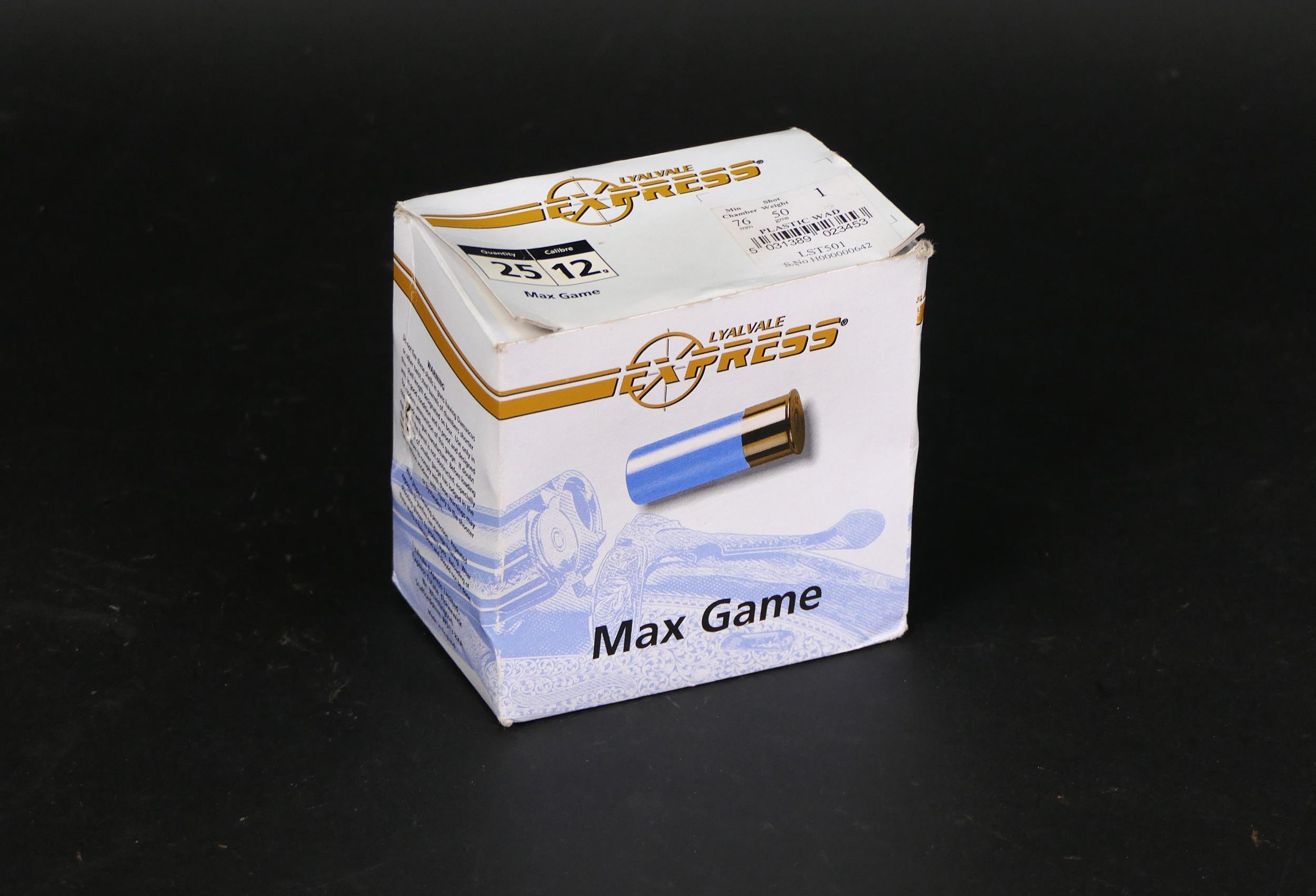 Twenty five Lyalvale Express 12 bore Maxgame 76 mm 50 gram, shot size 1 ...