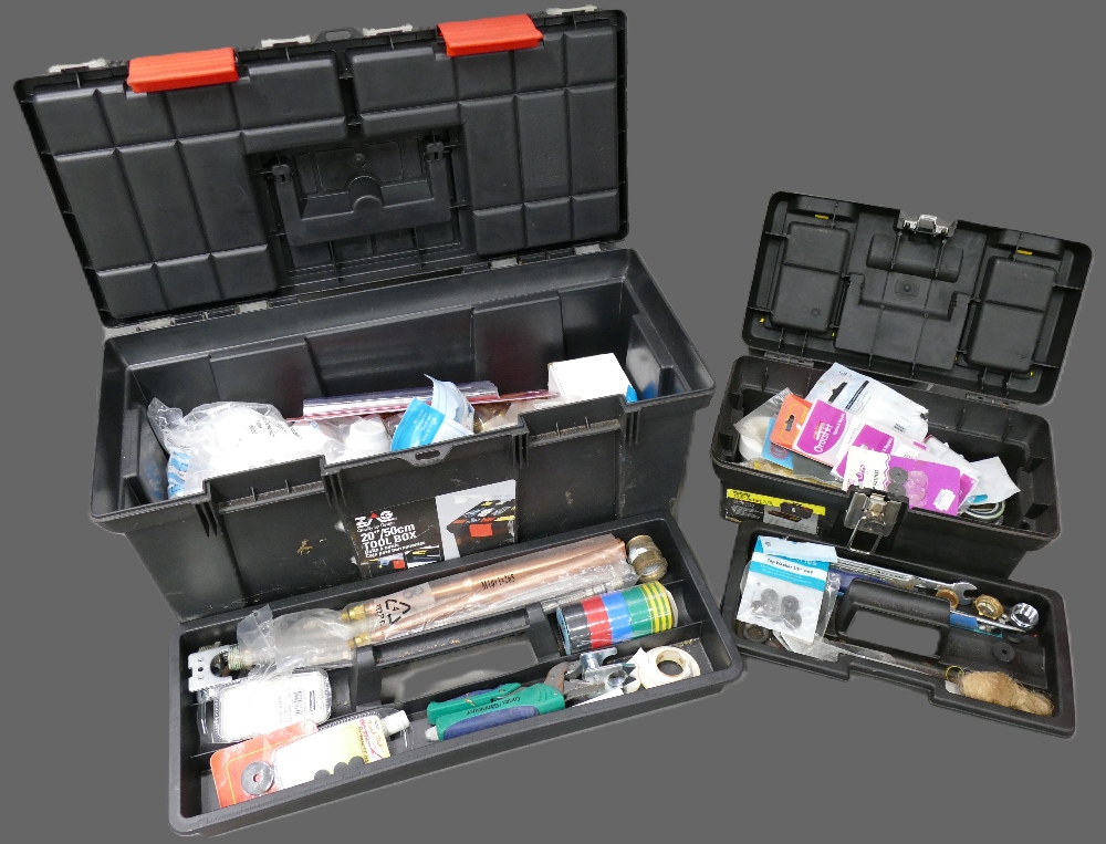 Carry tool boxes containing quantity of plumbing supplies and tools.